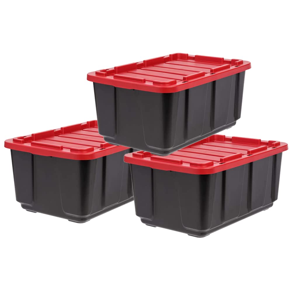 TUBYIC 40 Gallon Large Heavy-Duty Plastic Storage Tote with Lids,Storage Plastic Bin Tote Organizing Container with Durable Lid and Secure Latching Buckles, Black/Red, 3 Pack