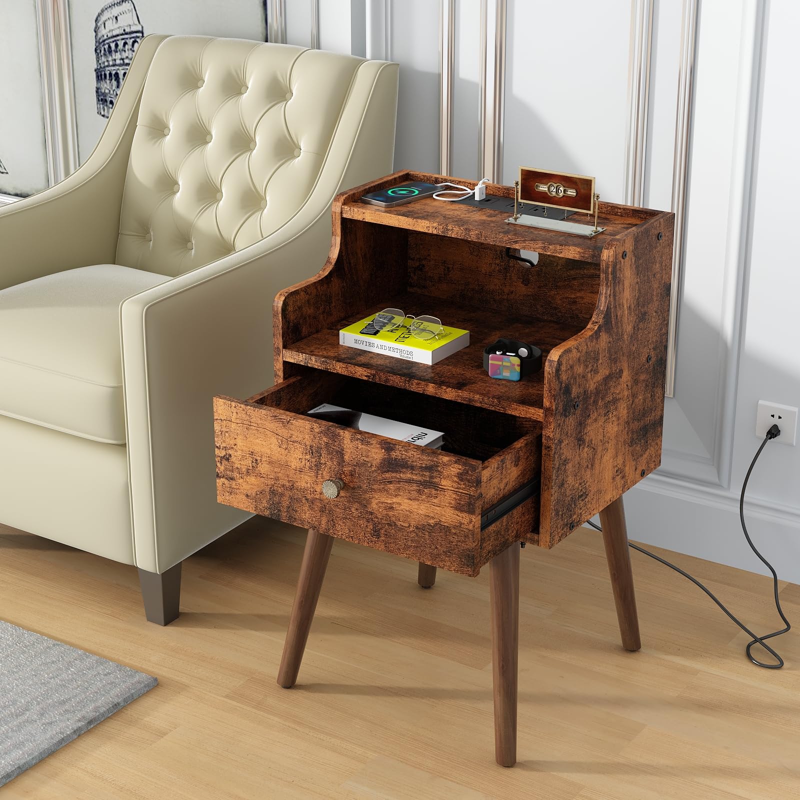 Nightstand with Drawer, Side Table with Charging Station, Mid-Century Modern End Table, 2-Tiers Storage Space Bedside Table with Solid Wood Legs, Black Night Stand for Living Room, Bedroom