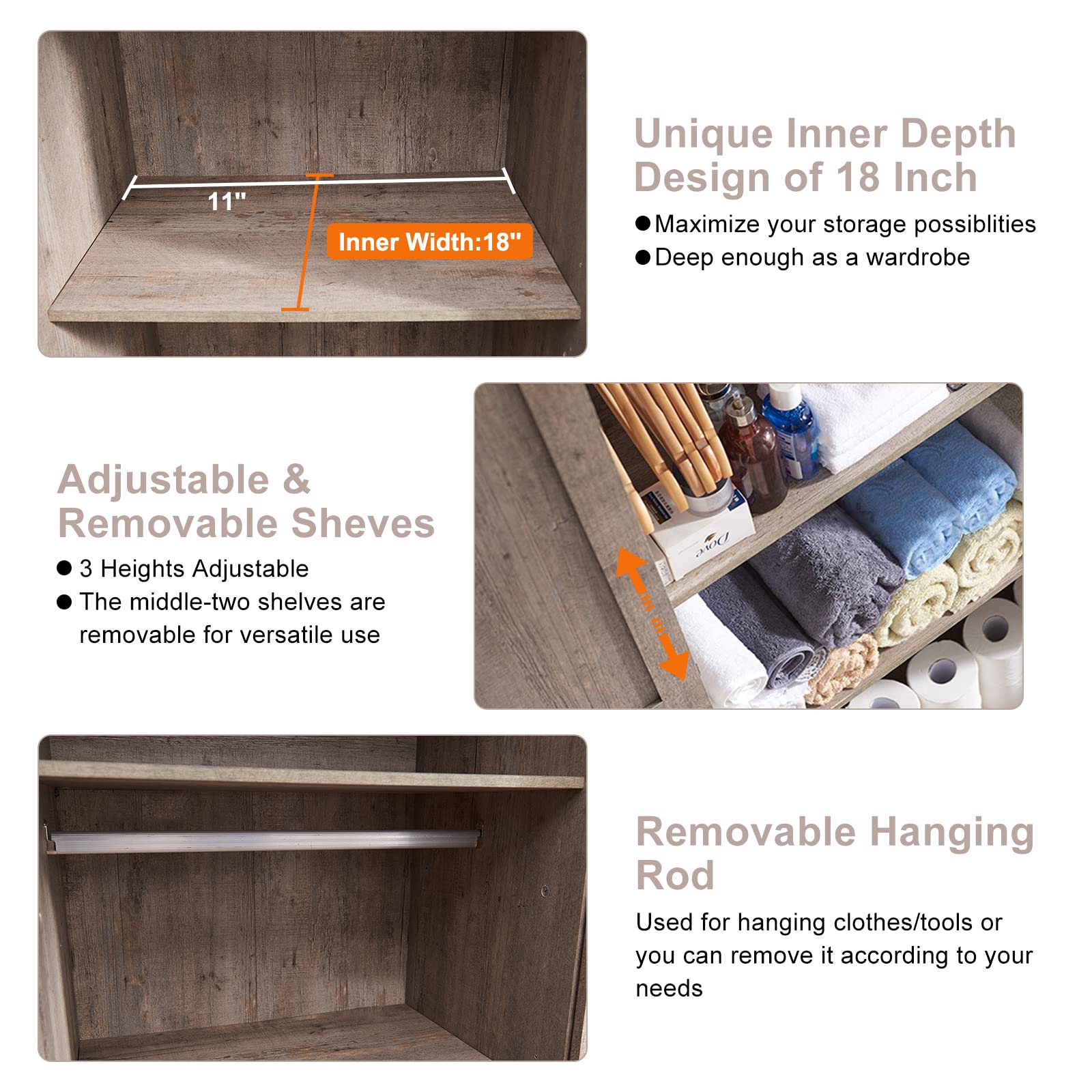 OKD Storage Cabinet, Farmhouse Bathroom Organizer w/Adjustable Shelves, Narrow Kitchen Pantry w/Barn Door, Versatile Storage w/Hanging Rod for Home, Laundry, Utility Room, Light Rustic Oak