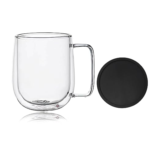 OKE Double Wall Glass Coffee Mugs,Espresso cups,Insulated Clear Coffee Cup Mugs Set,Perfect for Coffee, Juice, Tea, Hot Chocolate, Etc(Set of 2 - with coasters) (12OZ)