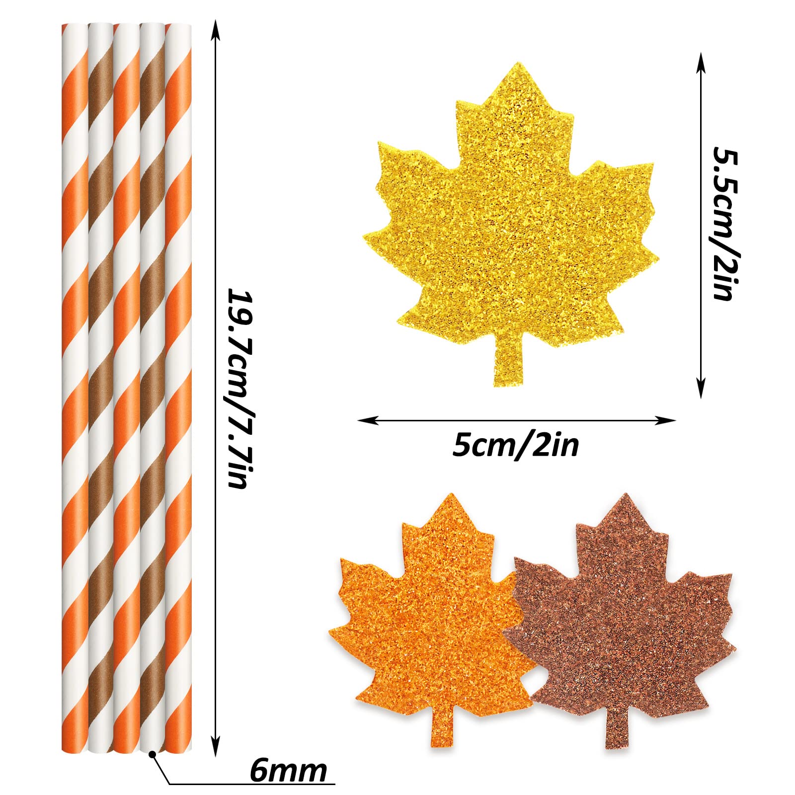 Whaline 60Pcs Thanksgiving Maple Leaf Paper Straws Fall Glitter Leaf 3 Color Disposable Drinking Straws Orange Brown Stripeed Straws with Glue Points for Autumn Thanksgiving Party Supplies