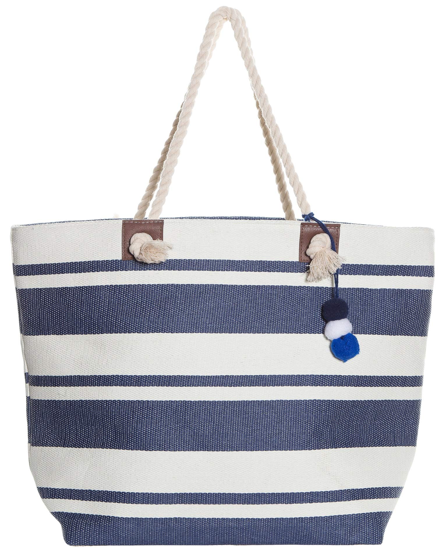 PIER 17 Women's Beach Bags | Extra Large Striped Straw Shoulder Tote with Rope Handle Zipper Closure Inner Pockets