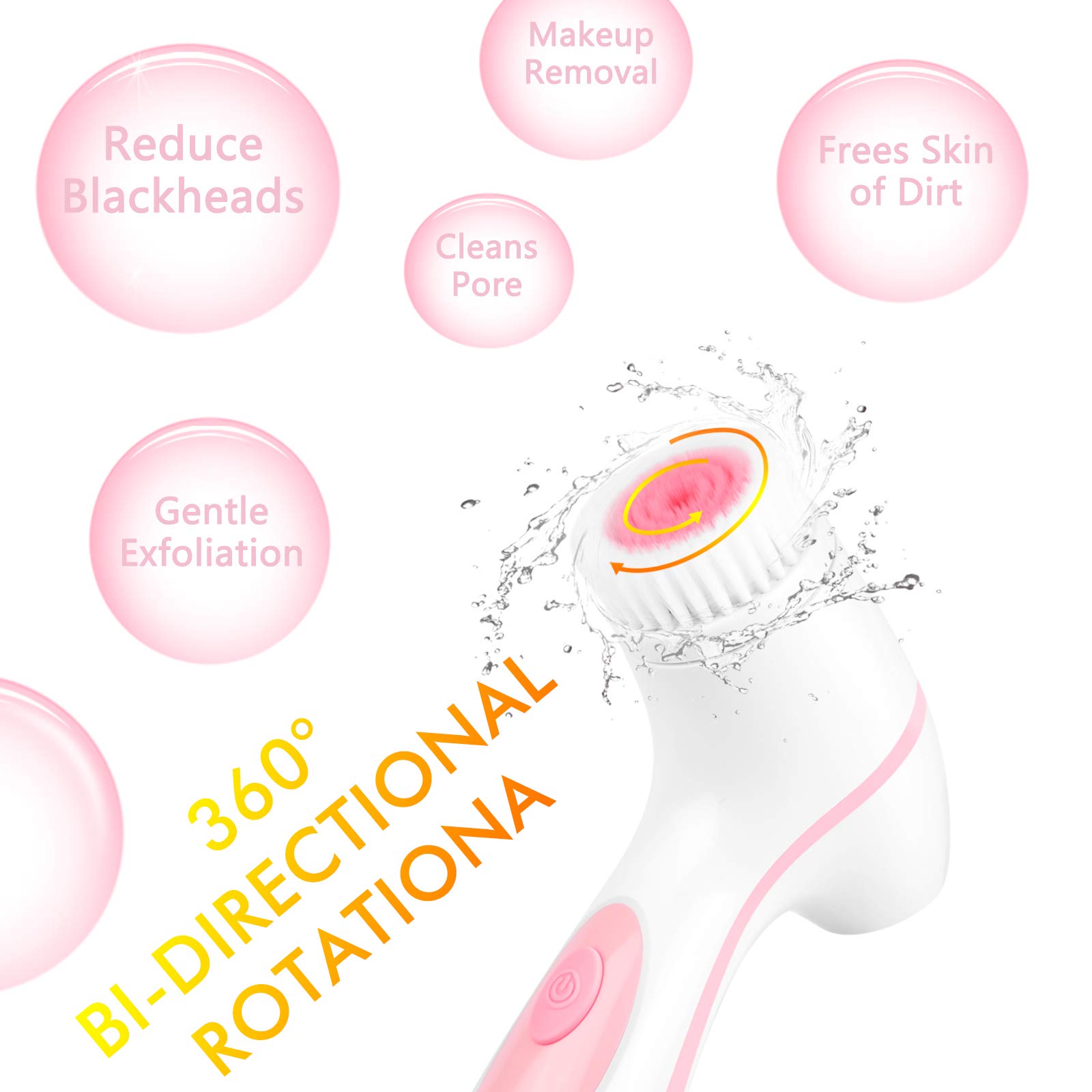 Rechargeable Facial Cleansing Brush Set with 3 Bi-directional Spin Brush Heads - Waterproof Face Spa System by CNAIER - Advanced Microdermabrasion for Gentle Exfoliation and Deep Scrubbing