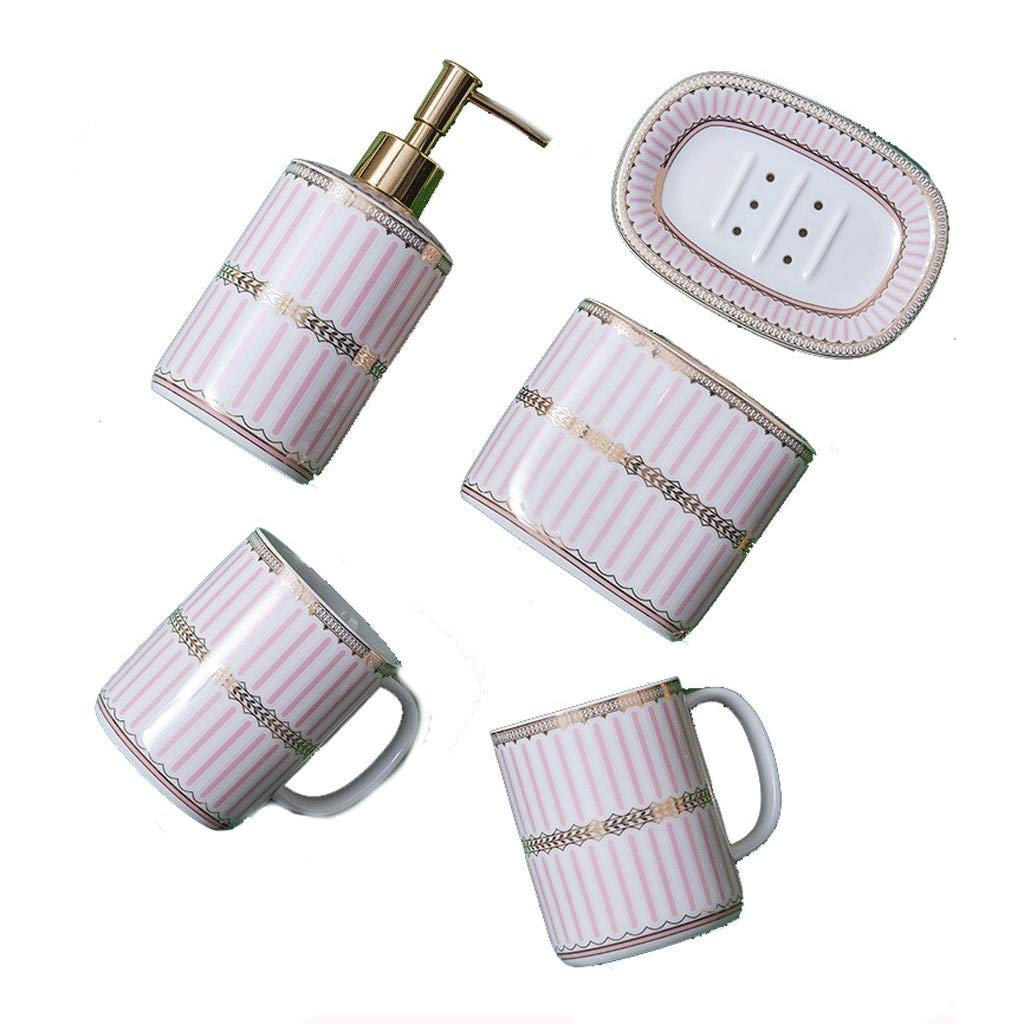 Shower Pump Soap Dispenser, 6 Piece Bathroom Sink Set,Toothbrush Holder, Tooth Glass X 2, Soap Dish, Soap Dispenser,Tray (Color : Blue Circles) (Pink Stripes)