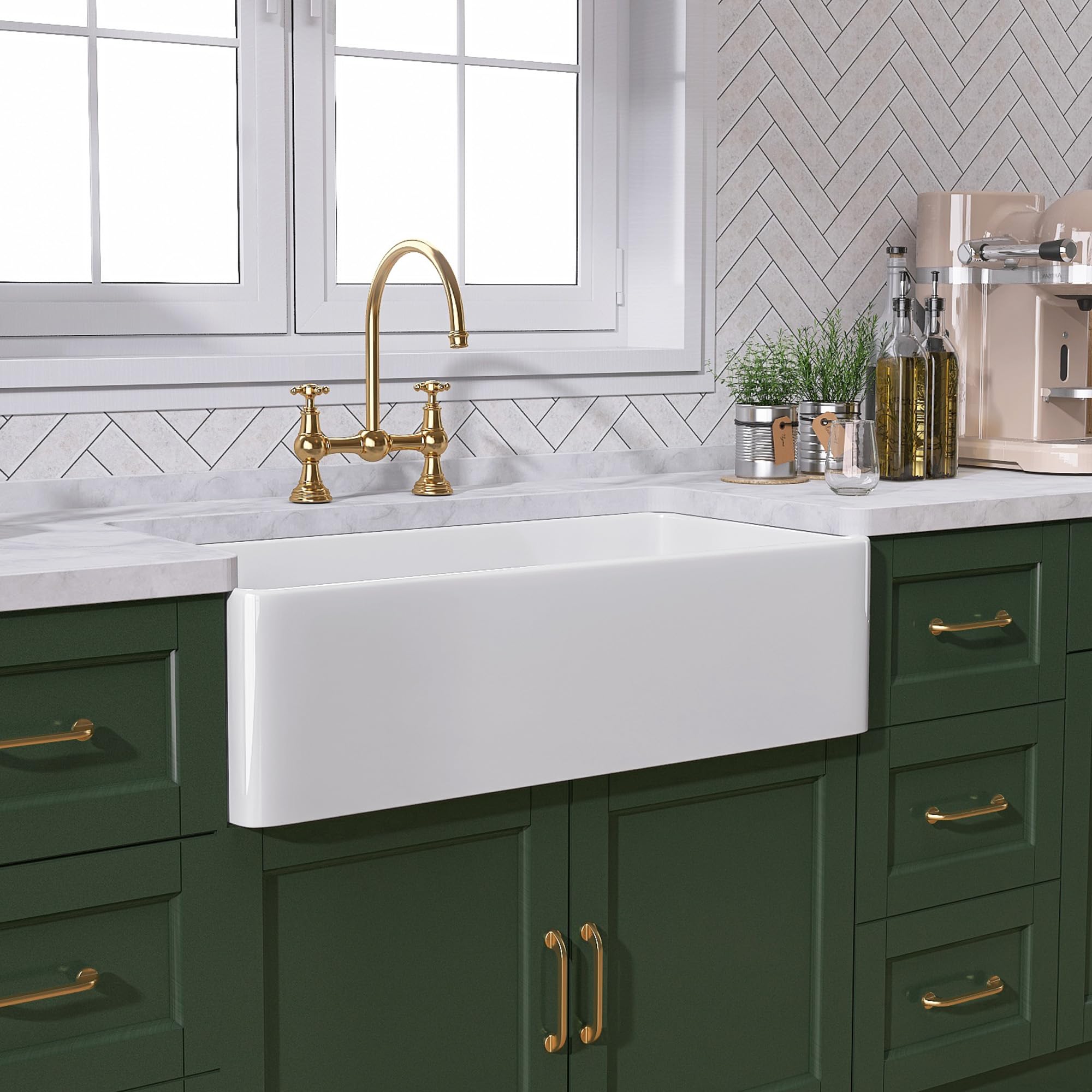TUKTUK White Farmhouse Sink 33 inch Fireclay Apron Front Single Bowl Kitchen Sink Deep Drop In Farm Sink Undermount with Custom Bottom Grid & Strainer Drain