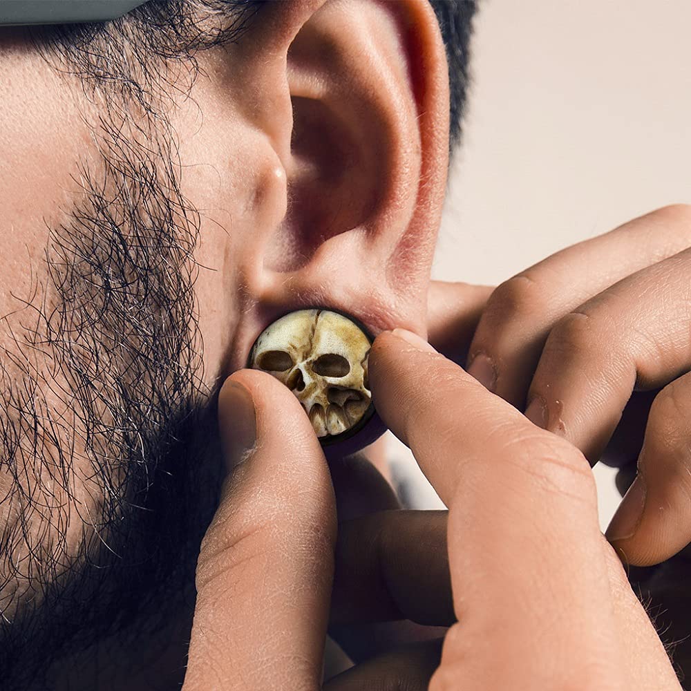Pierced Owl 3D Skull Hand Carved Organic Buffalo Horn Double Flared Ear Plugs Gauges, Sold As Pair (16mm (5/8"))