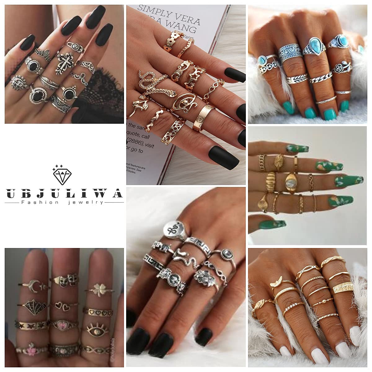 Ubjuliwa 72pcs Silver Rings for Women Vintage Knuckle Rings Grunge Rings Aesthetic Stackable Rings Boho Silver Ring Set