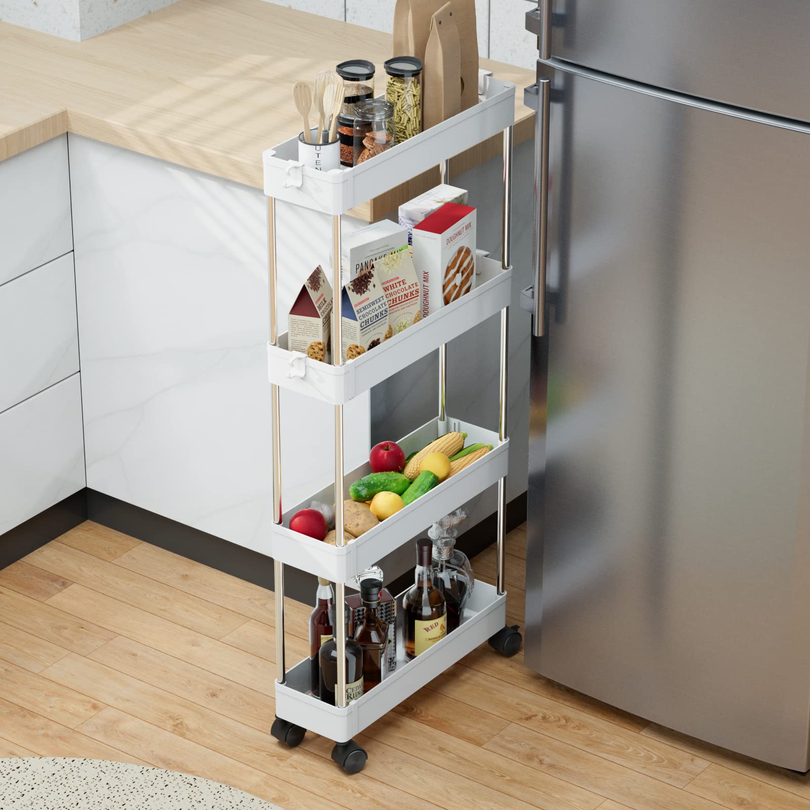 OTK Slim Storage Cart 4 Tier Mobile Shelving Unit Organizer, Utility Rolling Shelf Cart with Wheels for Bathroom Kitchen Bedroom Office Laundry Narrow Places,White