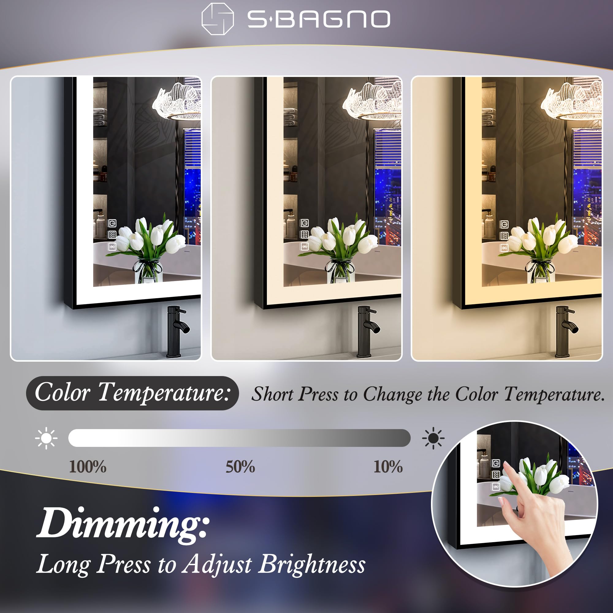SBAGNO 32X24 LED Bathroom Mirror with Lights, Black Frame 3 Color Modes Wall-Mounted Vanity Mirror, Dimmable Smart Makeup Mirror, Anti-Fog, Waterproof, Build in Bluetooth Speaker