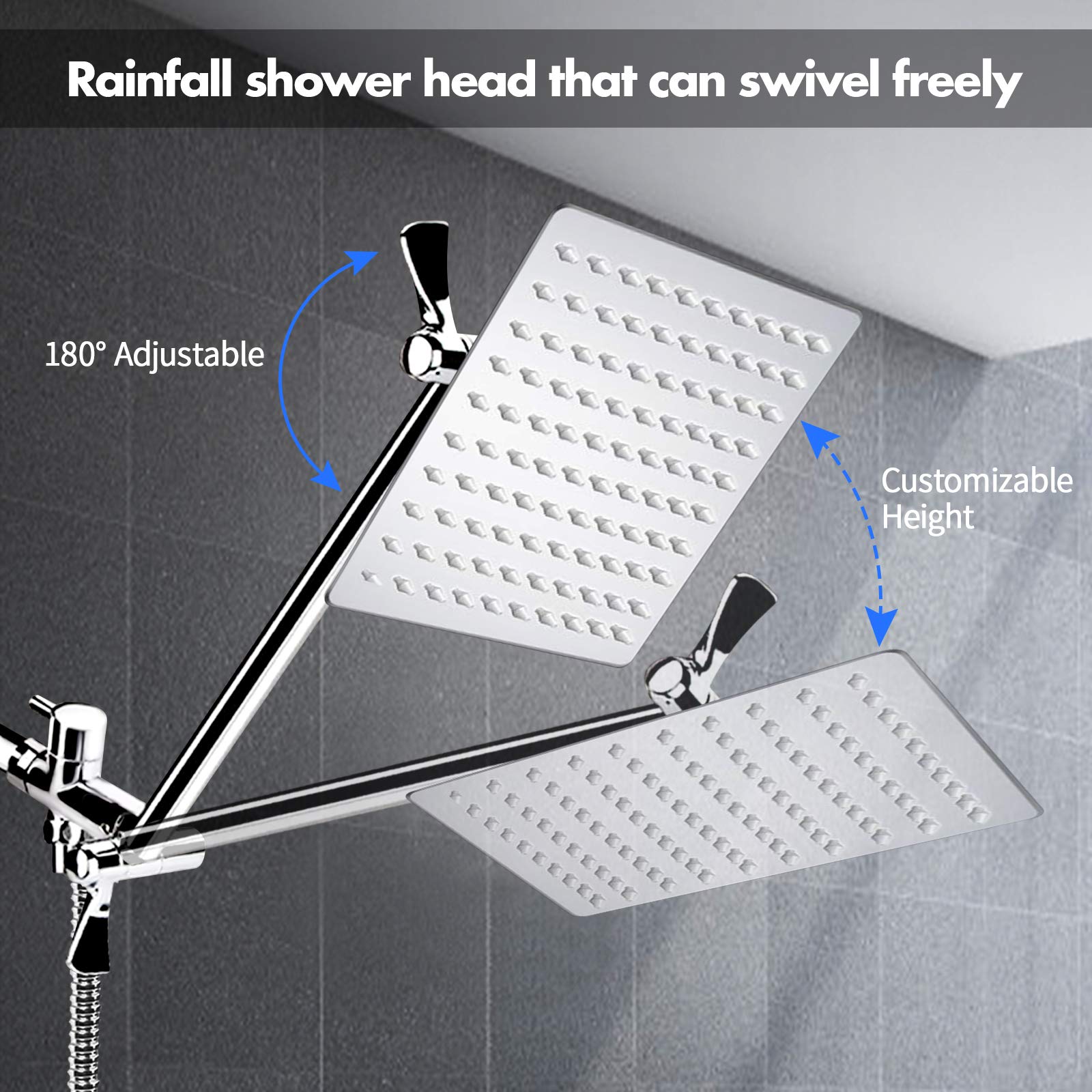 UDOGI Shower Head with Handheld, High Pressure 8" Rain/Rainfall Shower Head Combo with 5FT Stainless Steel Hose, 11" Adjustable Extension Shower Arm, 9 Settings Anti-leak Shower Head with Holder