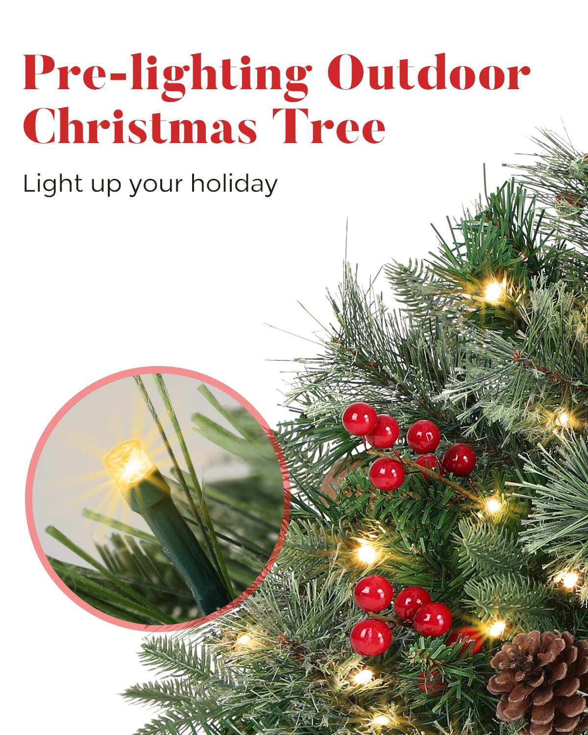 OasisCraft Outdoor Christmas Tree Frosted Urn Filler, Pre-lit Artificial Xmas Tree with LED Lights, 18 Inch Small Christmas Tree with Cones & Red Berries