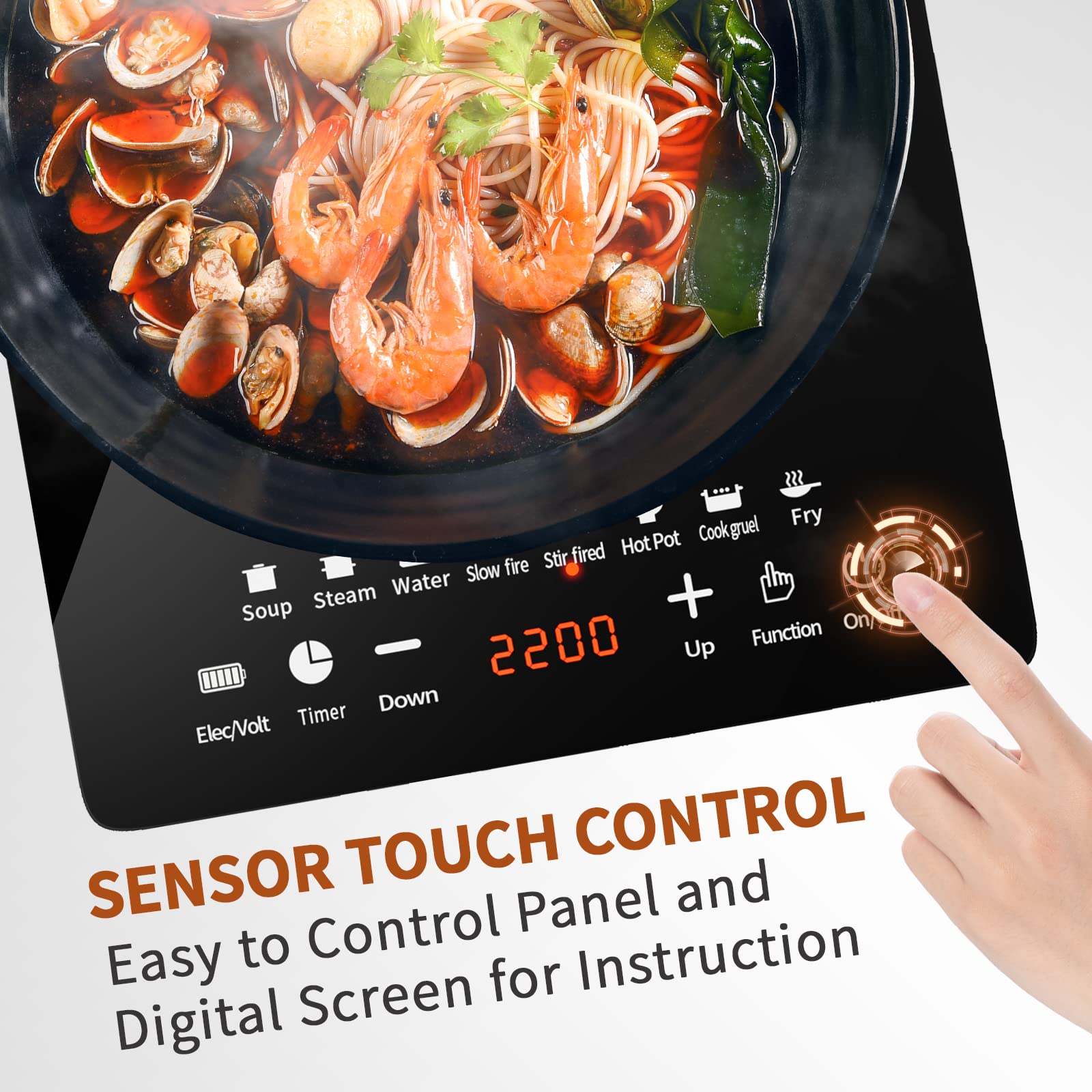 Portable Induction Cooktop, Countertop Burner with Multi-Function, 2200w Electric Stove with Easy Clean Glass, 8 Modes Sensor Touch Cooker (Black SS1)