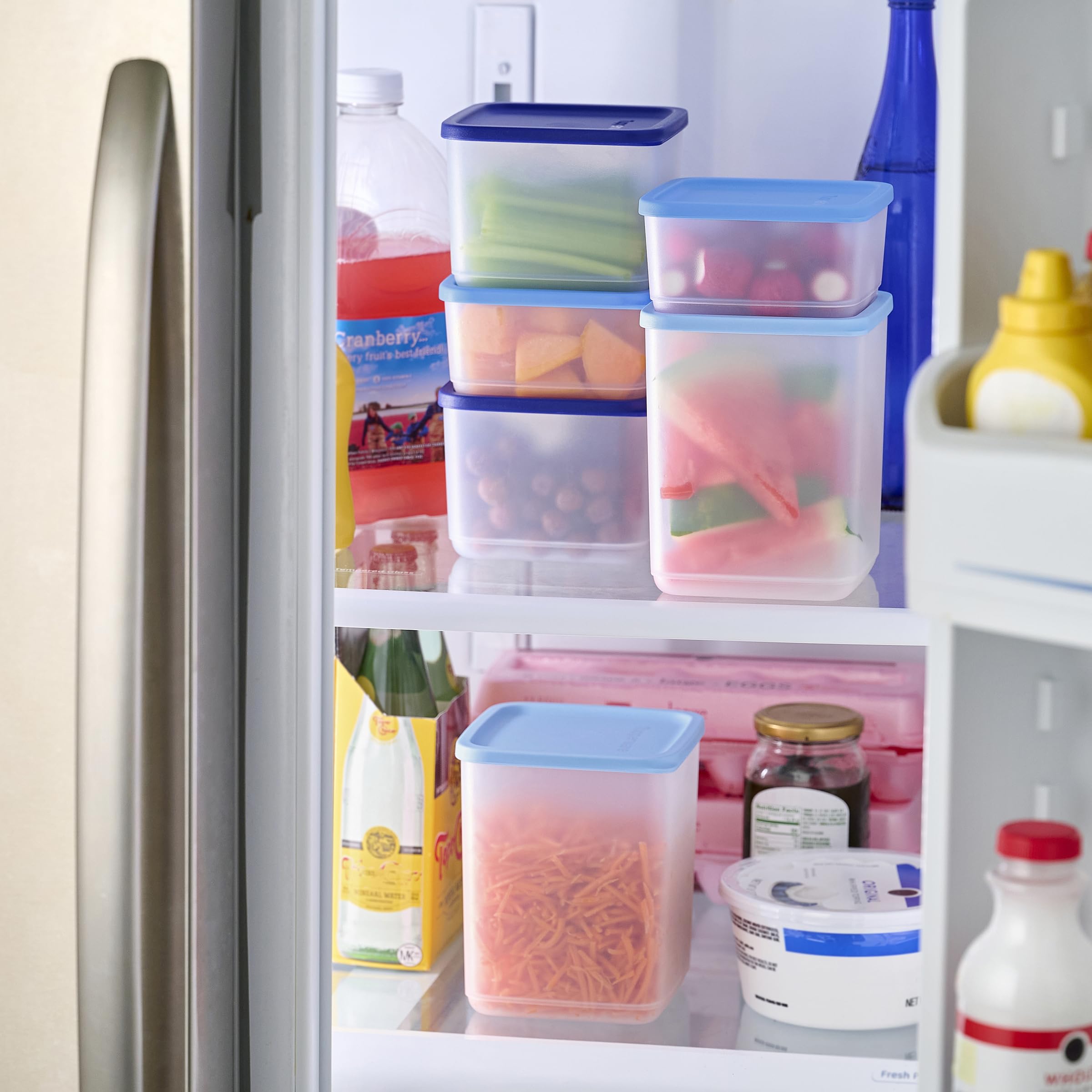 Tupperware Stacking Square Storage Set - Dishwasher Safe & BPA Free - (6 Clear Containers + 6 Blue Lids)