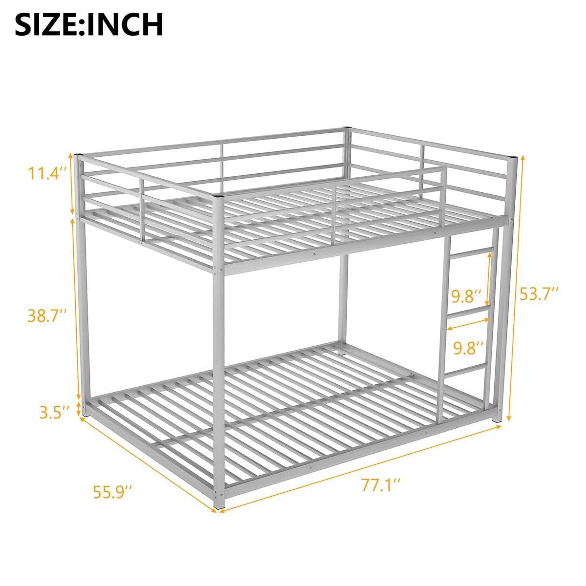 PIETFIU Full Over Full Bunk Beds,Low Profile Metal Full Bunk Bed with Stairs and Guardrail for Teens,Boys,Girls,Easy Assemble (Full Over Full, Silver)