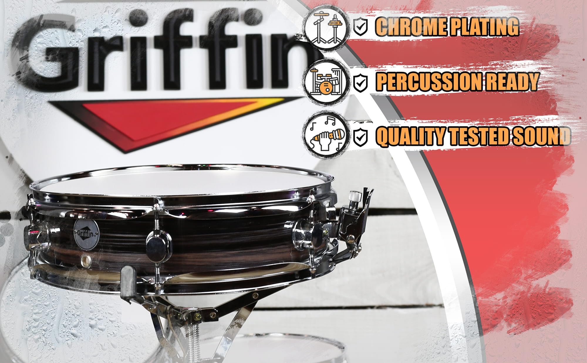 Piccolo Snare Drum 13" x 3.5" by GRIFFIN | 100% Poplar Wood Shell with Zebra Wood Finish & Coated Drum Head | Professional Marching Drummers Percussion Instrument with Bright Tone & Brilliant Attack