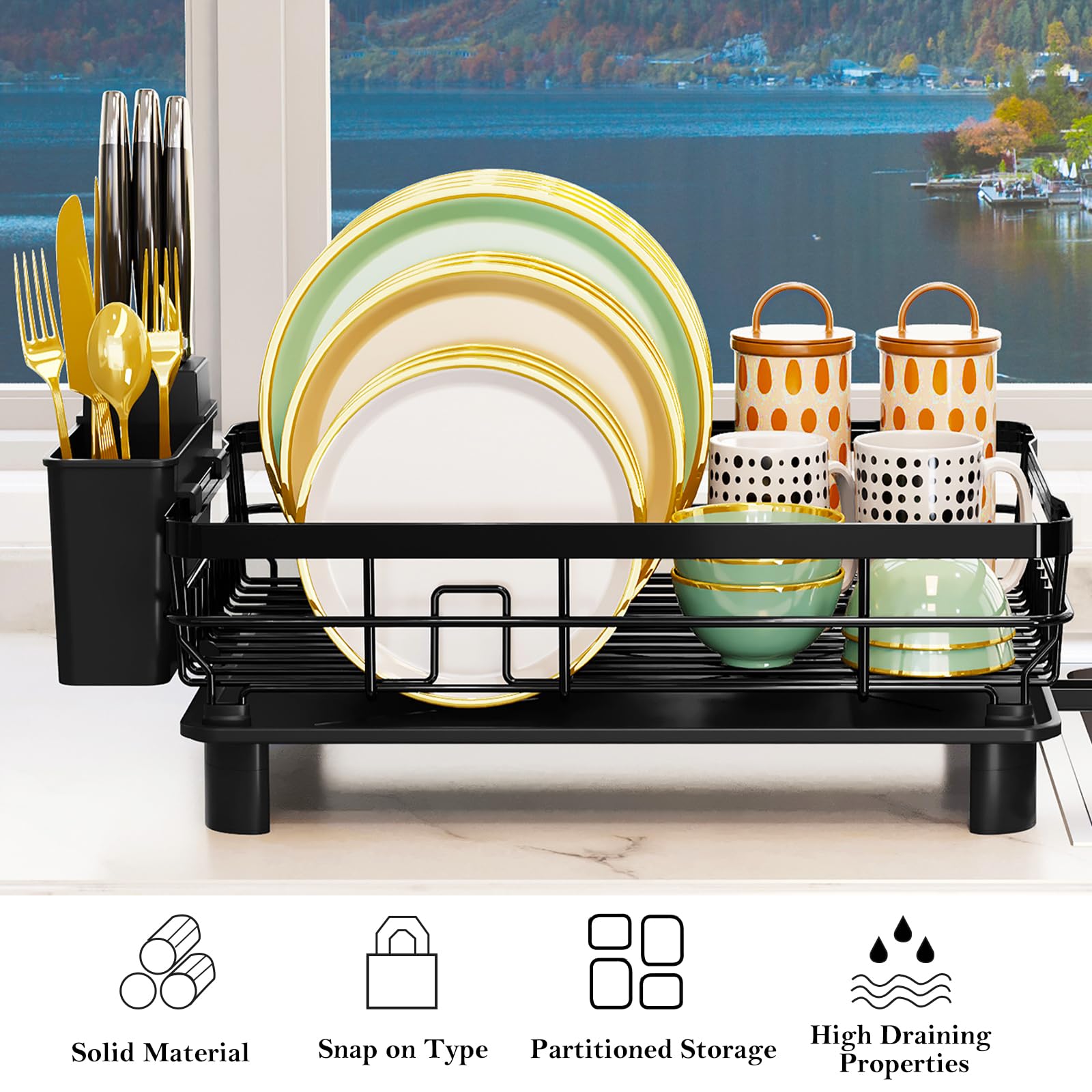Mulaibdin Dish Drying Rack, 1-Tiers Dish Rack, Large Drying Rack for Kitchen Counter, Dish Drainers with Drainboard and Extra Dish Drying Mat, Dish Strainers for Kitchen Sink