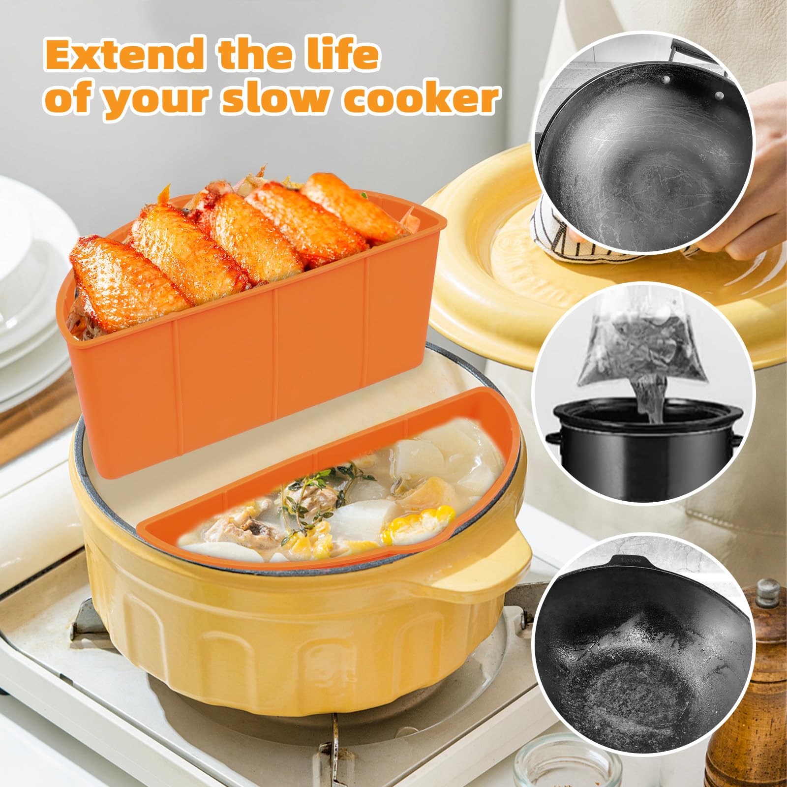 Silicone Crock pot Liner Fit 6-7 Quart Oval Slow Cooker Reusable Leakproof Easy Clean Cooking Bags Divider Dishwasher Safe (Orange)