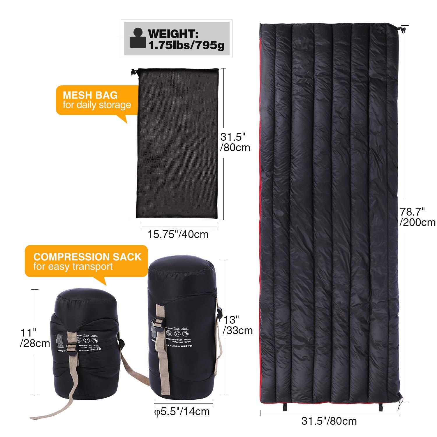 REDCAMP Ultralight Down Sleeping Bag for Backpacking, 78.7x31.5” Envelope 59 Degree F 800 Fill Goose Down Underquilt Great for Adults Camping Hiking, Black