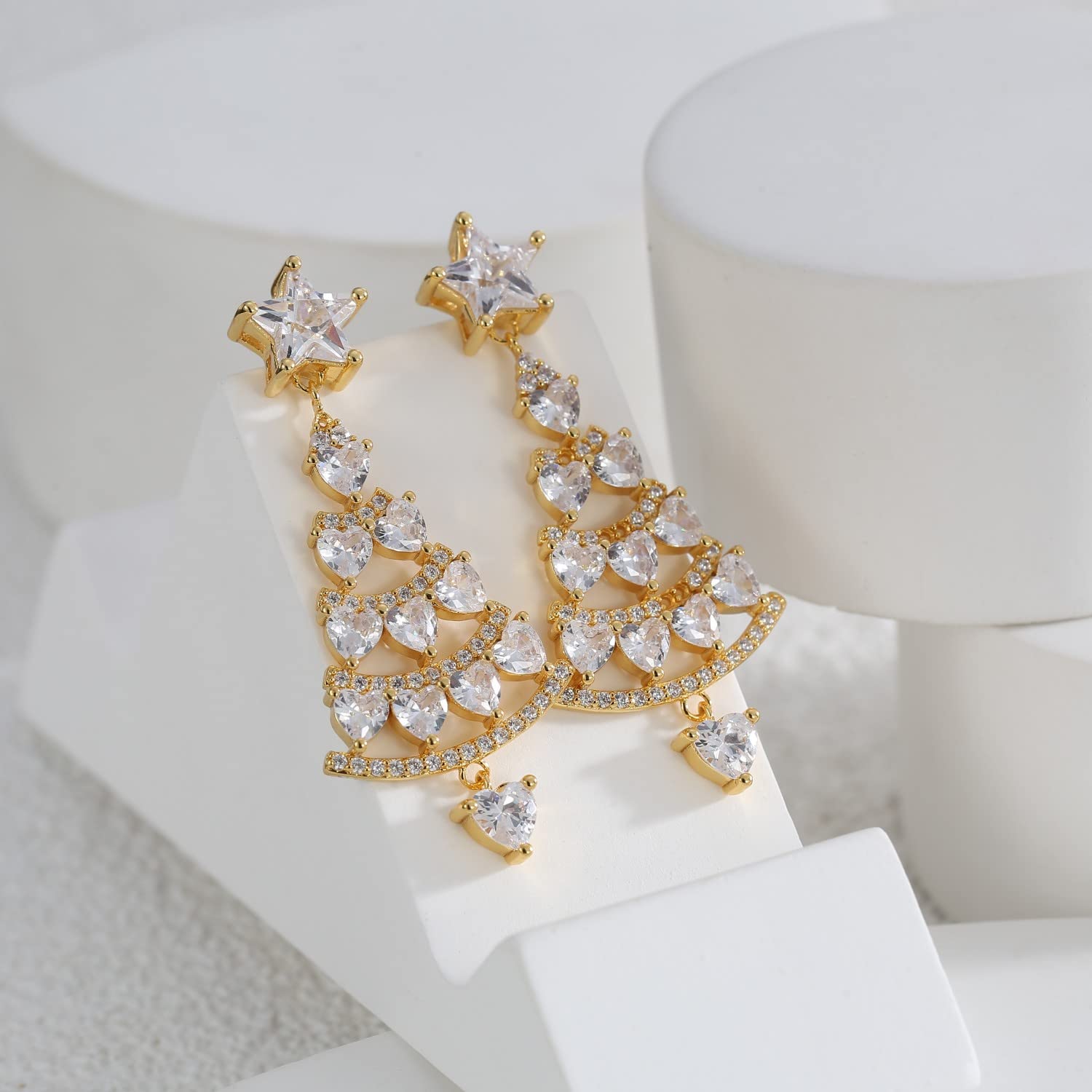 PICKBEAU Tassel Crystal Christmas Tree Hoops for Women 925 Silver Post Rhinestone Xmas Drop Earrings for Christmas Party Favors