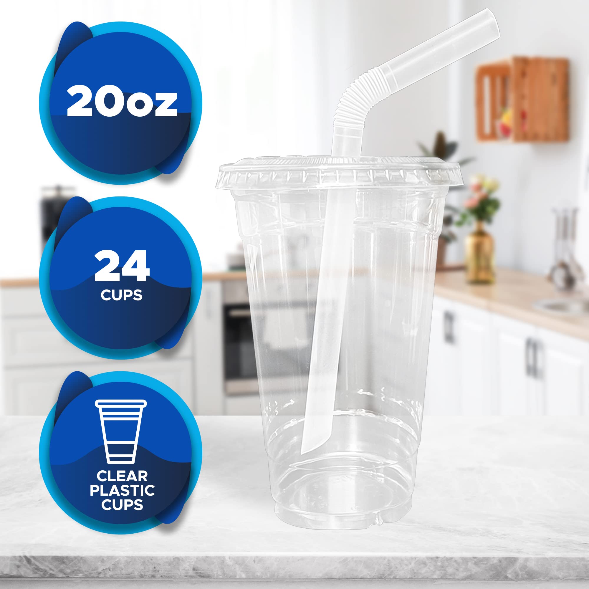 PAMI Crystal Clear 20oz Plastic Cups With Lids & Straws [Pack of 24] - Disposable Beverage Cups For Iced Coffee, Smoothies, Bubble Boba Tea & More- 100% Leak-proof Party Cups- Large Slush Cups To Go