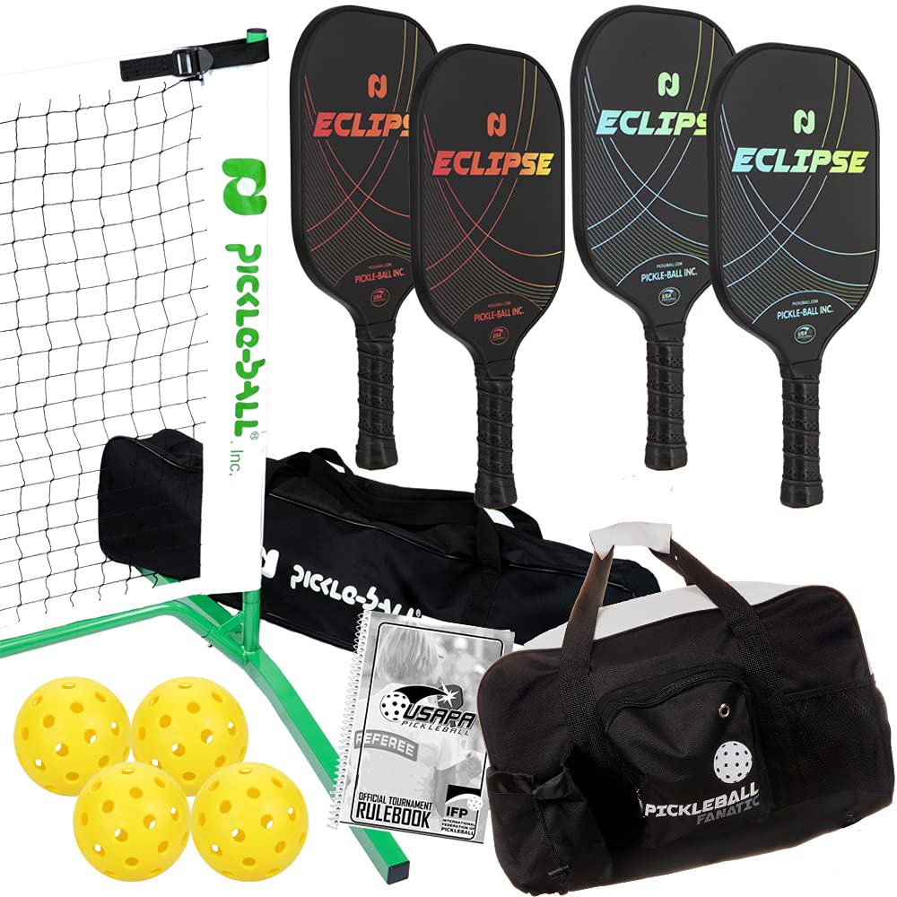 Pickle-Ball Eclipse Graphite Complete Pickleball Set | Includes 3.0 Portable Net System + 4 Graphite Pickleball Paddles + 4 Outdoor Pickleballs + Pickleball Duffel Bag + USAPA Rulebook