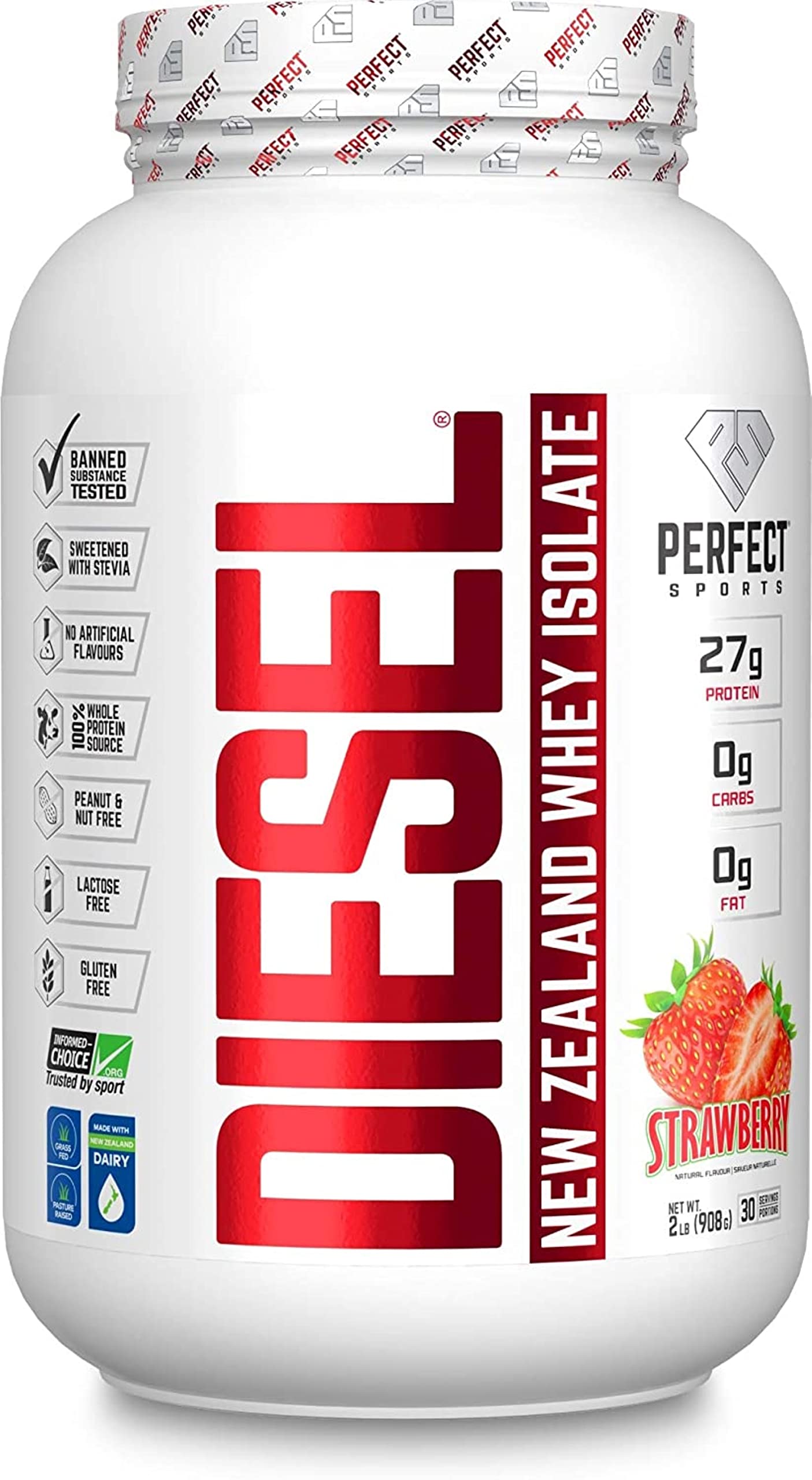Perfect Sports Diesel 100% New Zealand Whey Isolate, Grass-Fed & Pasture Raised , 27 Grams Protein, Stevia Sweetened, 30 Servings Per Container, 2LBS (Strawberry)