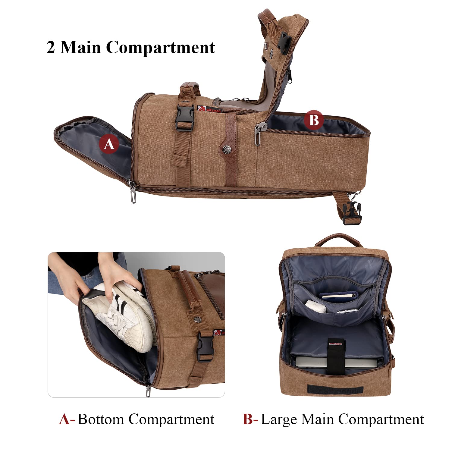 WITZMAN Travel Backpack for Men Women Carry on Luggage Backpack Canvas Rucksack Duffel bag with Shoe Compartment(A2020BROWN)