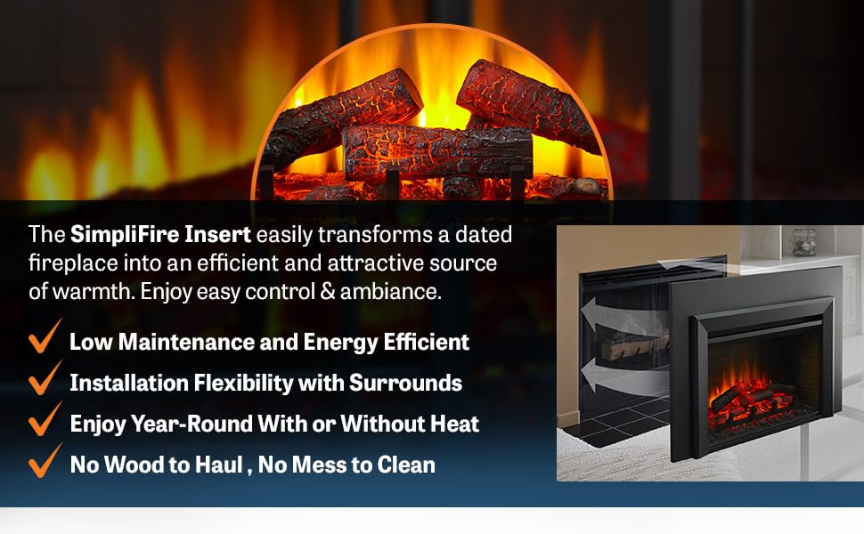 SimpliFire Electric Fireplace Insert, 35-Inch, Contemporary Front, Large Surround, Installs Into a Wood Fireplace Opening, Textured Logs, Multi-Function Remote with Timer, 1500W Heater