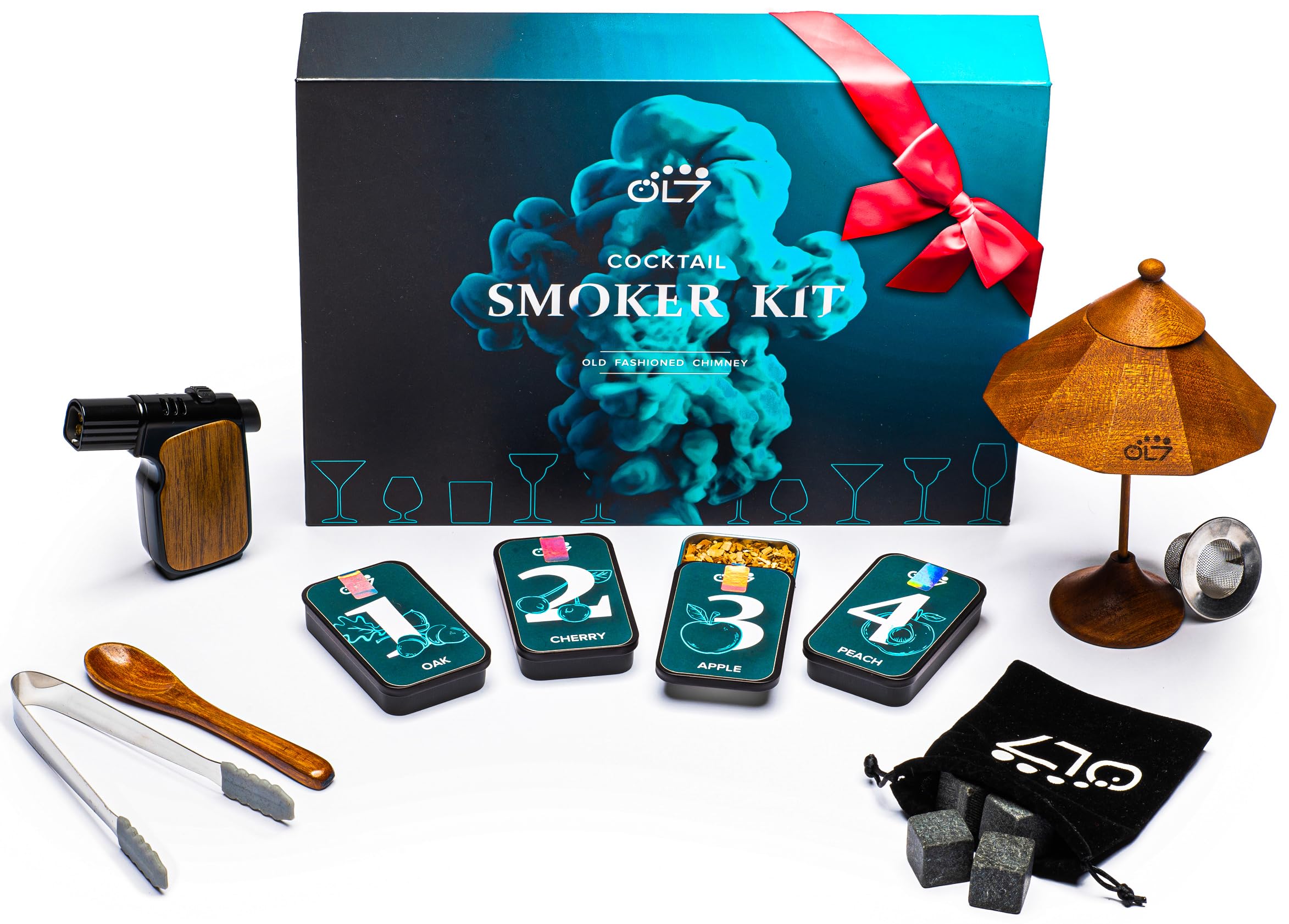 OL7 Cocktail Smoker Kit with Torch - 4 Flavors Wood Chips - Bourbon, Whiskey Smoking Infuser Kit, Old Fashioned Drink Smoker Set,Gift Men (No Butane)