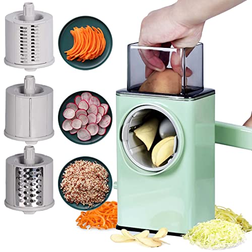 Potato Slicer Upgraded Hand Crank Vegetable Cutter Rotary Cheese Graters Multifunctional Chopper Veget Shredders Fruit Kitchen Tool with 3 Stainless Steel Drum Blades for Vegetables(Green)