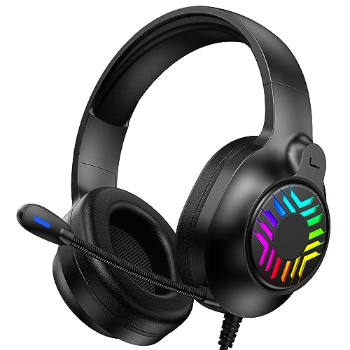 OLANRUN Gaming Headset with Microphone for PC - Stereo Gaming Headphones with Mic for Xbox One, Xbox Series X|S, PS5, PS4 - Wired PC Gaming Headset with 9 Color RGB for Computer, Laptop (Black)
