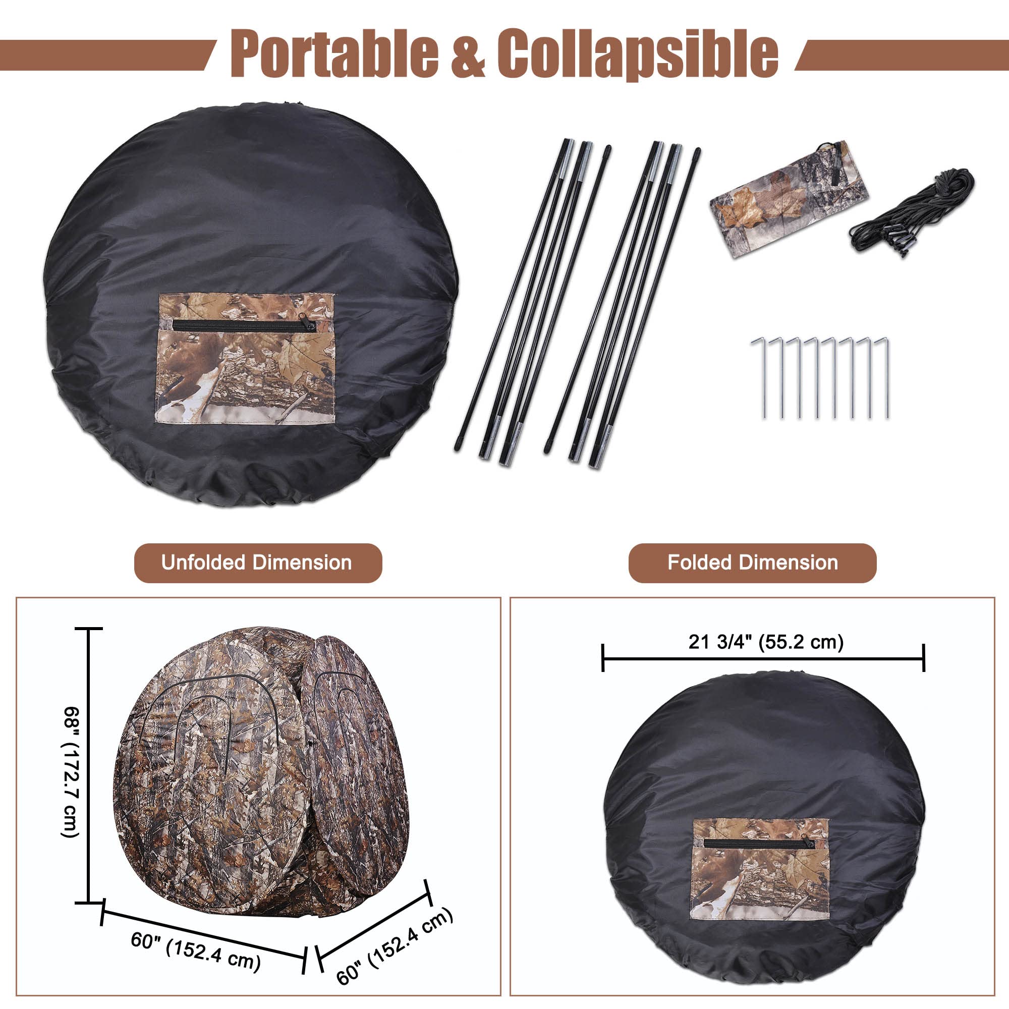 Outdoor Pop-Up Hunting Blind Tent Steel Wire Frame 300D Polyester Fibre Black-Out Interior Bottomless 60" L x 60" W x 68" H Windproof Waterproof US Delivery