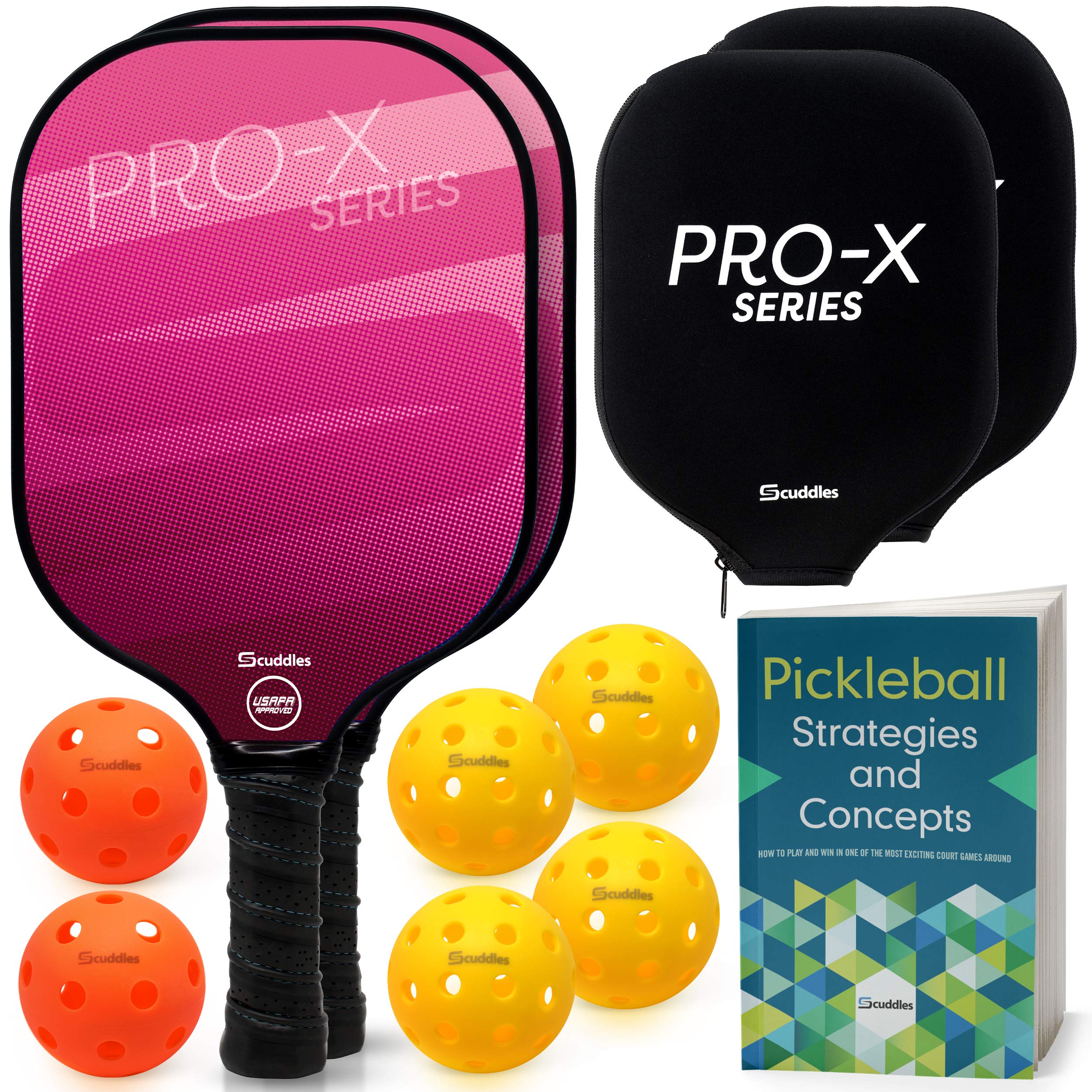 Scuddles Pickleball Paddles - Outdoor Games - Pickleball Set, Includes - 1 Instructional Book 2 Indoor and 4 Outdoor Pickleballs 2 Paddle Covers and 2 Rackets