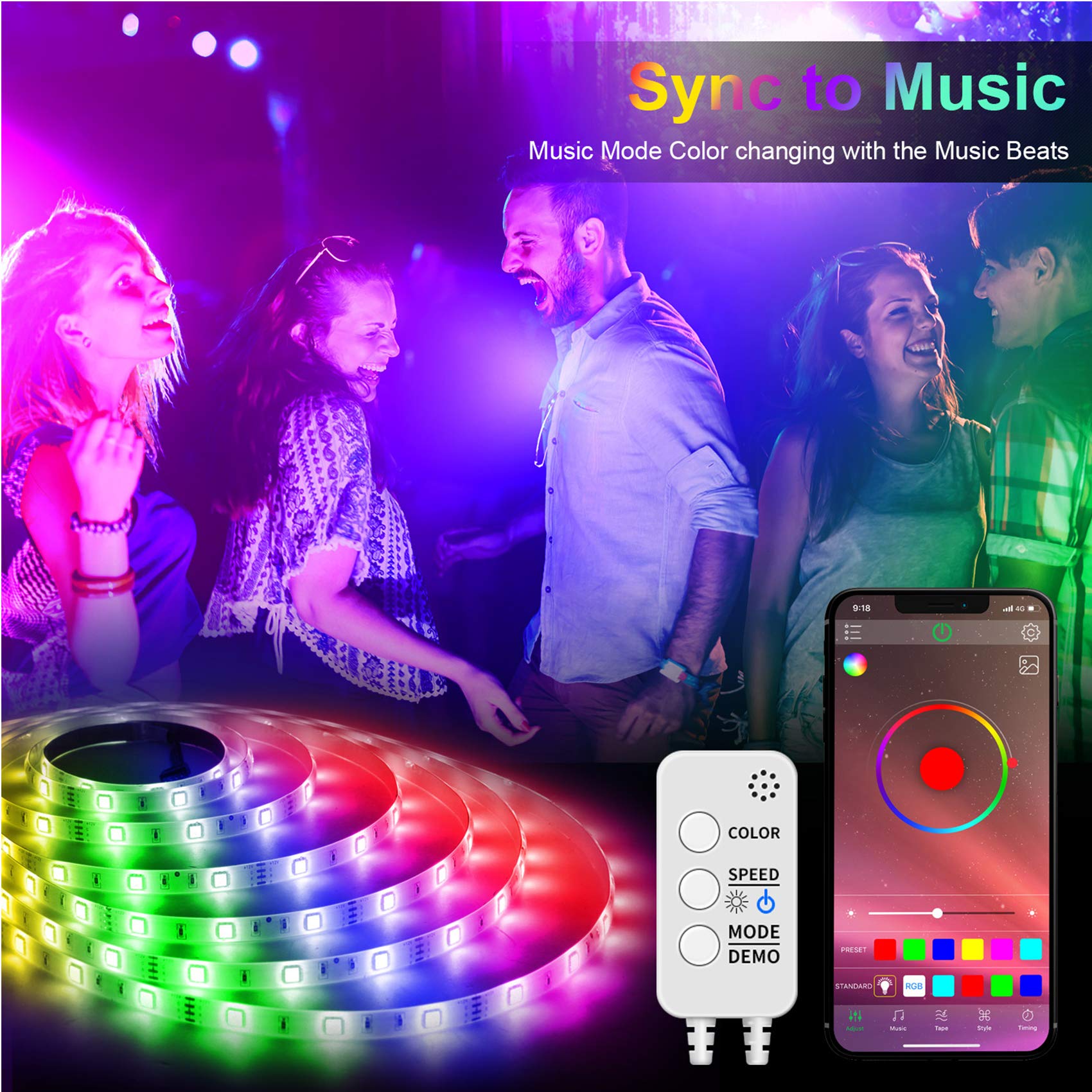 REYSURPIUS 65.6ft LED Strip Lights Kit, Music Sync Color Changing 5050 RGB Strip Lights,App Control and 24Key Remote Controller Control,for Bedroom,Party,Game Room