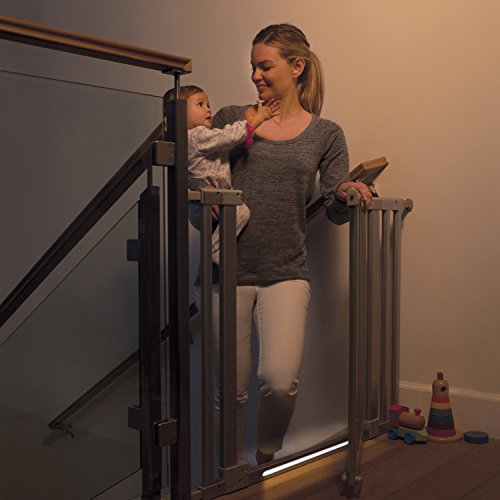 Munchkin Luna Baby Gate with LED Light, Turn Key Mounted Safety Gate for Stairs, Hallways and Doors, Walk Through with Door, Silver , 29x40.5 Inch (Pack of 1)