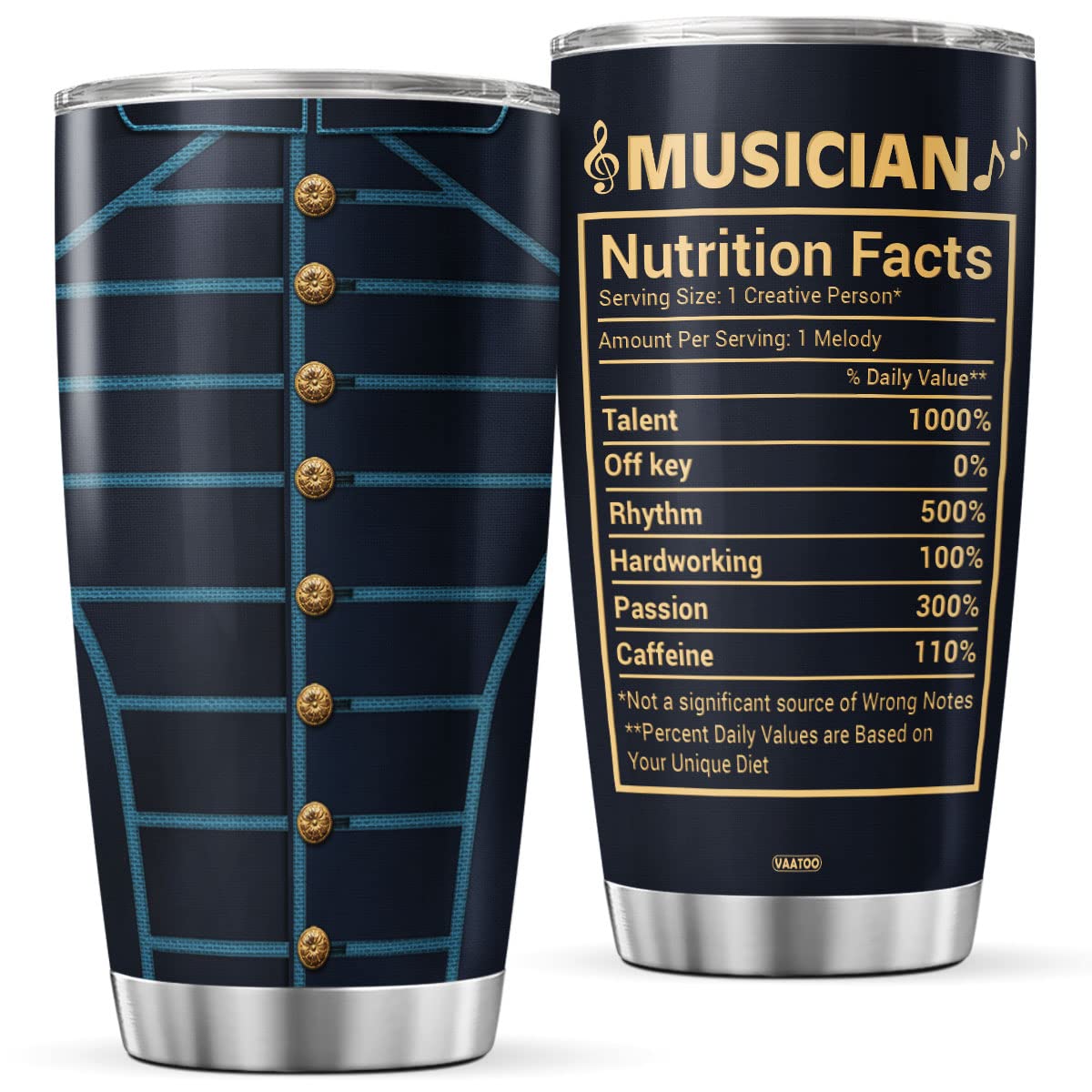 VAATOO Musician Coffee Tumbler Nutrition Facts Travel Mug With Lid Cool Birthday Gifts For Men Women Music Lovers Inspirational Sayings Cold Steel Tumblers Insulated Cup Hot Drink