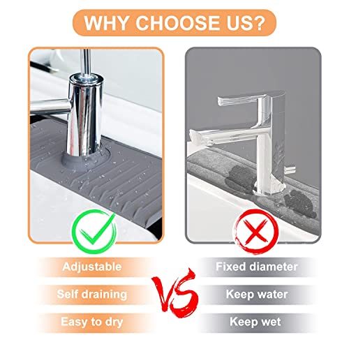 Sink Splash Guard Silicone Faucet Mat for Kitchen Sink Foldable Sink Mat Behind Faucet, TEMASH Faucet Handle Drip Catcher Tray Drain Drying Pad Countertop Protector for Kitchen Bathroom Bar RV(Grey)