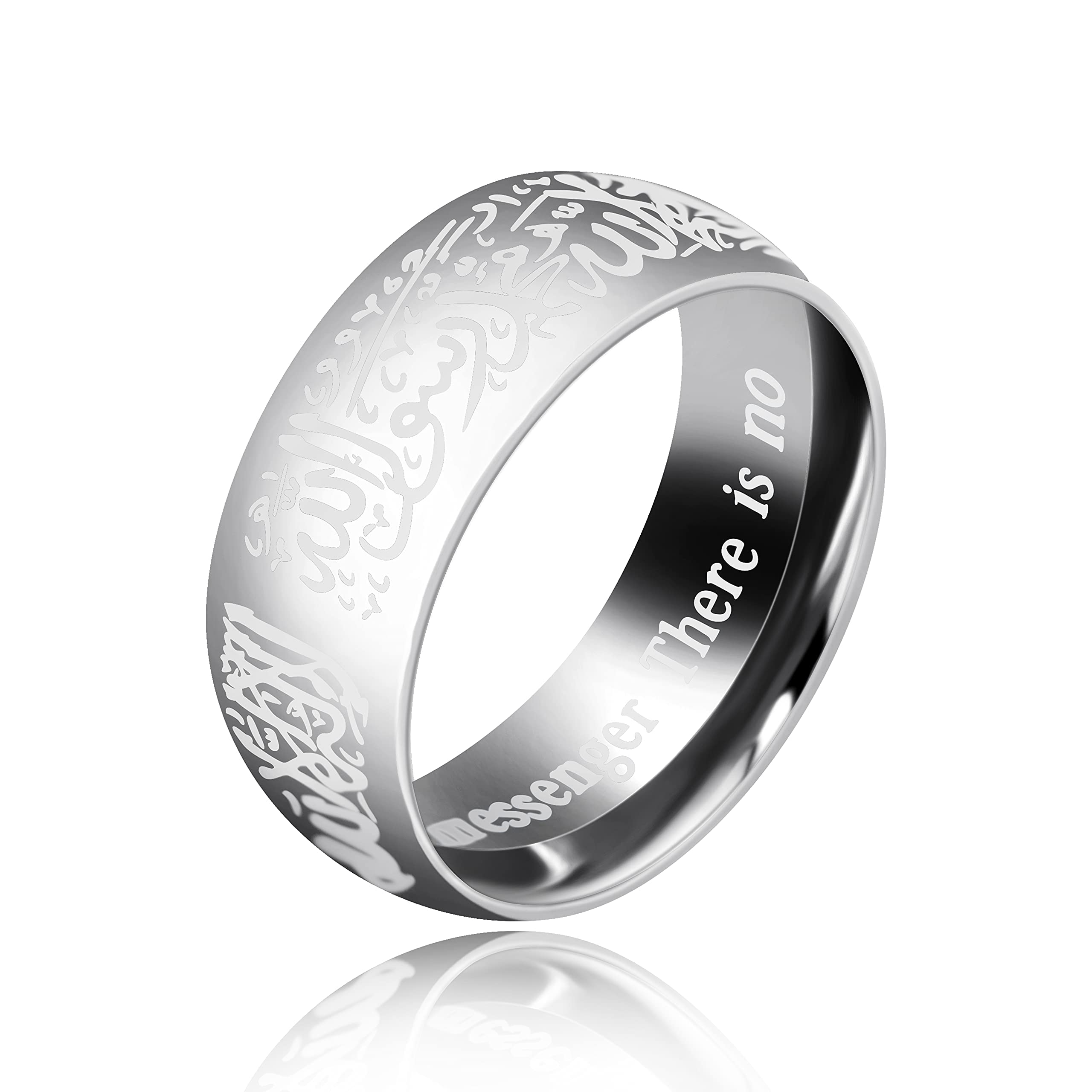 Uloveido 8mm Stainless Steel Band Islamic Muslim Muhammad Shahada Arabic God Mantra Ring In Arabic and English (Platinum Plated, size 9)