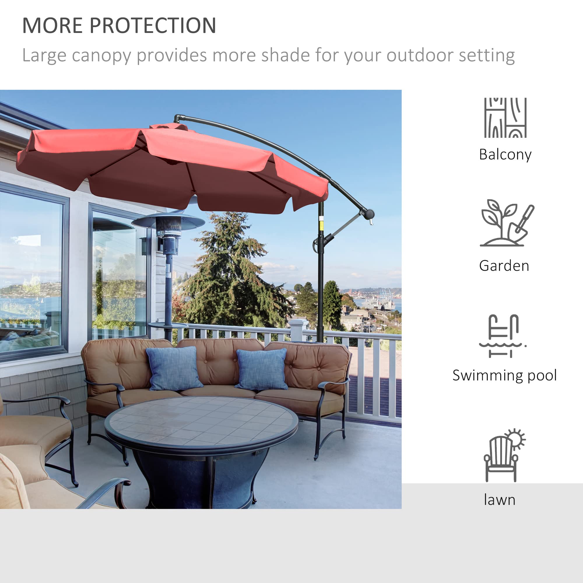 Outsunny 9' Offset Hanging Patio Umbrella, Cantilever Umbrella with Easy Tilt Adjustment, Cross Base and 8 Ribs for Backyard, Poolside, Lawn and Garden, Coffee