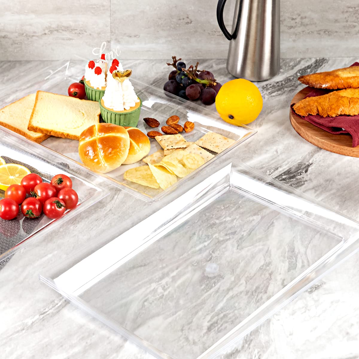 SUT 12 Pack White Plastic Serving Trays with Silver Rim, 13 X 8 inch Rectangle Food Tray, Disposable platters Cookie Serving Trays for Party, Silver Plastic Serving platters Food Wedding and Birthday