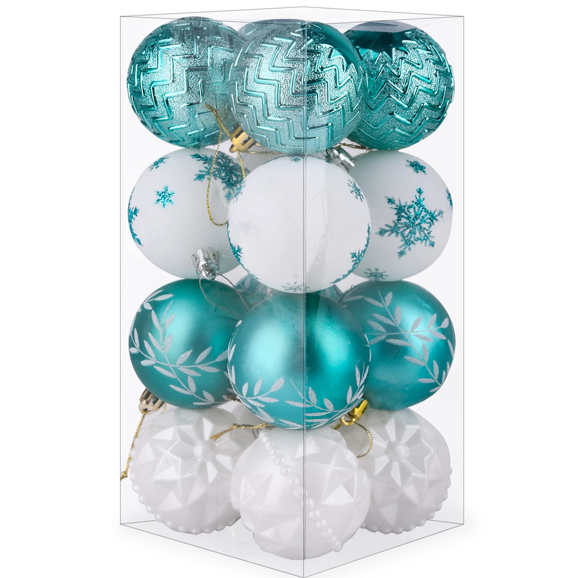PIIDUOO Christmas Balls Ornaments for Xmas Tree - Small Shatterproof Christmas Tree Decorations White Teal Balls Ornament Plastic, 2.36 Inches | 60mm, Set 16pcs
