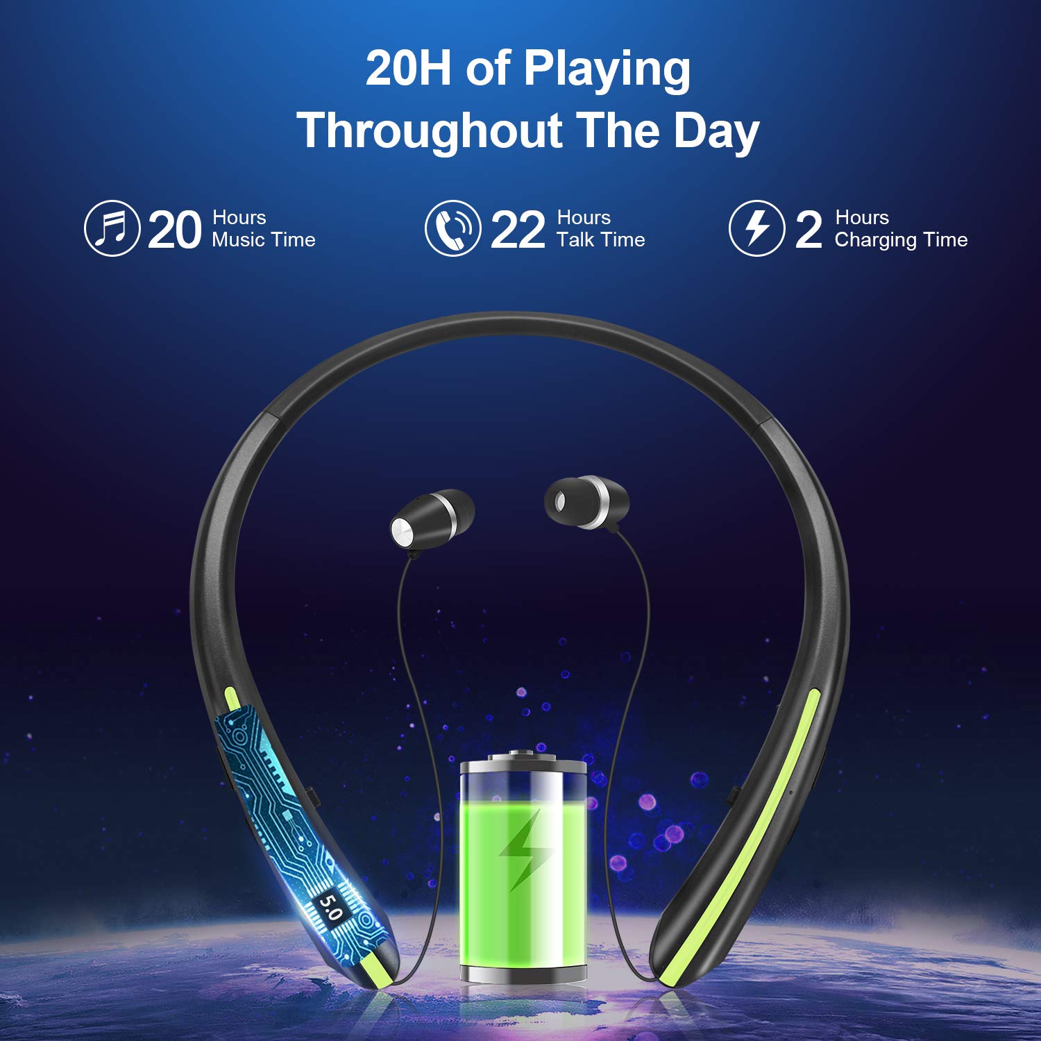 Retractable Bluetooth Headphones, Wireless Earbuds Stereo Headsets Neckband Earphone Noise Canceling with Mic (20 Hours Playtime, Black Green)