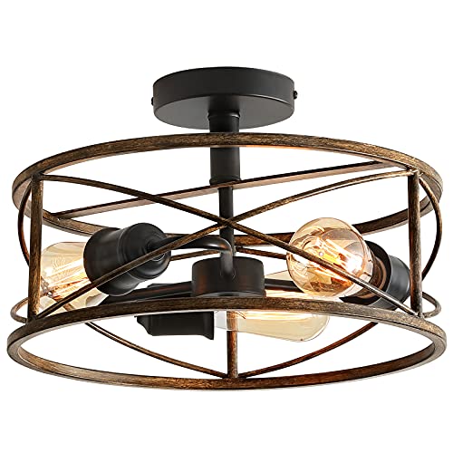 PUSU Ceiling Light Fixture,Industrial Semi Flush Mount Ceiling Light with Metal Wooden Cage and Matte Black Ceiling Lights for Living Room Kitchen Dining Room Bedroom Hallway