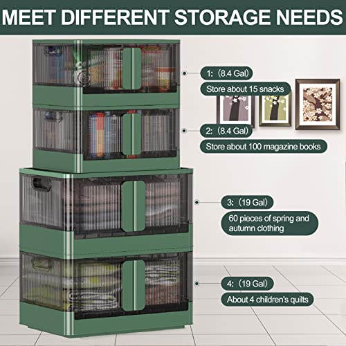 Sineda 2 Pack Storage Bins with Lids - 19 Gallon Collapsible Storage Bins with Wheels and Door, Stackable Storage Bins for Clothing, Blankets, Books, Bedding and Toys.(19 Gal-2Pack, Green)