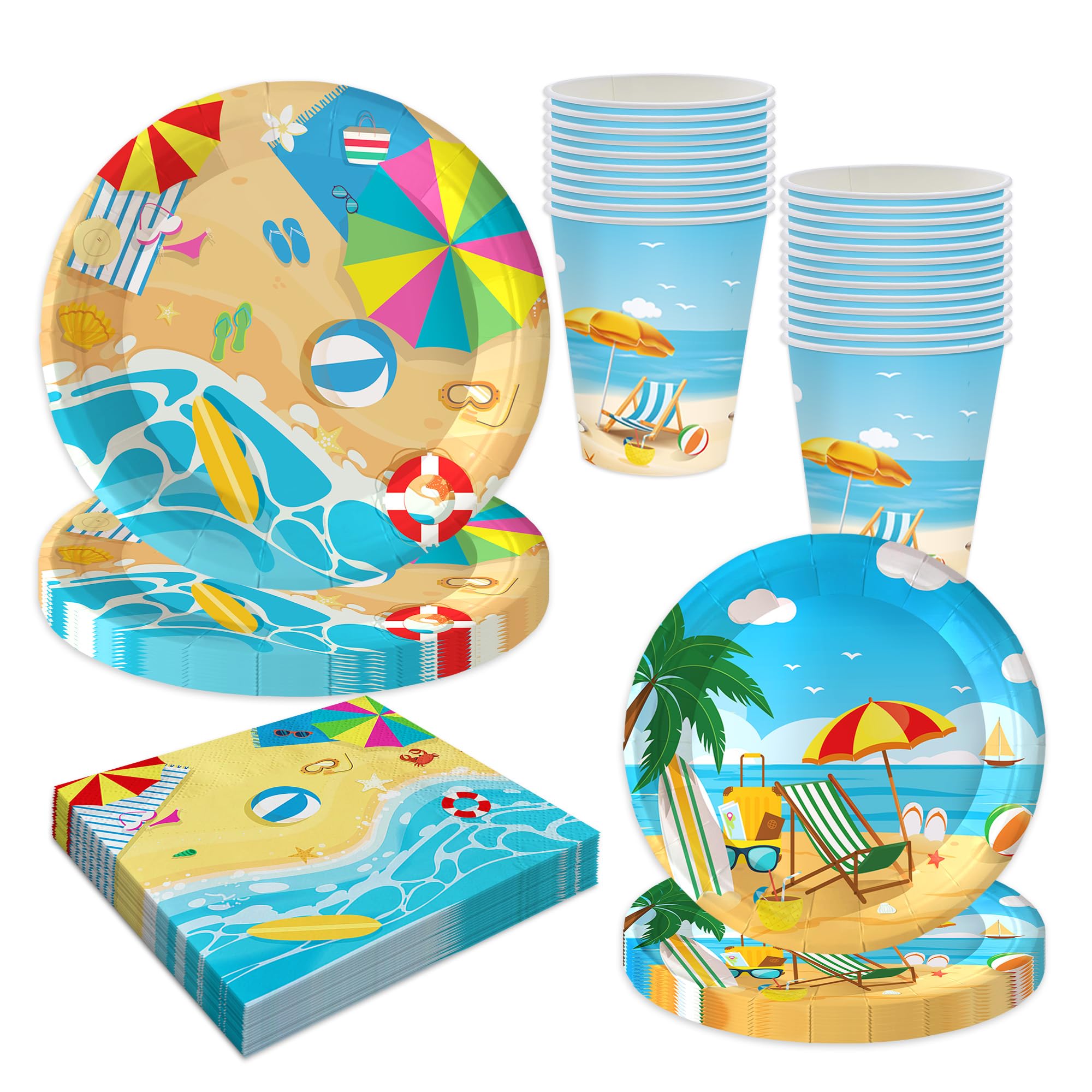 Oigco 96PCS Beach Party Supplies Summer Pool Plates Napkins Cups Tableware Set for Beach Birthday Party Decorations 24 Guests