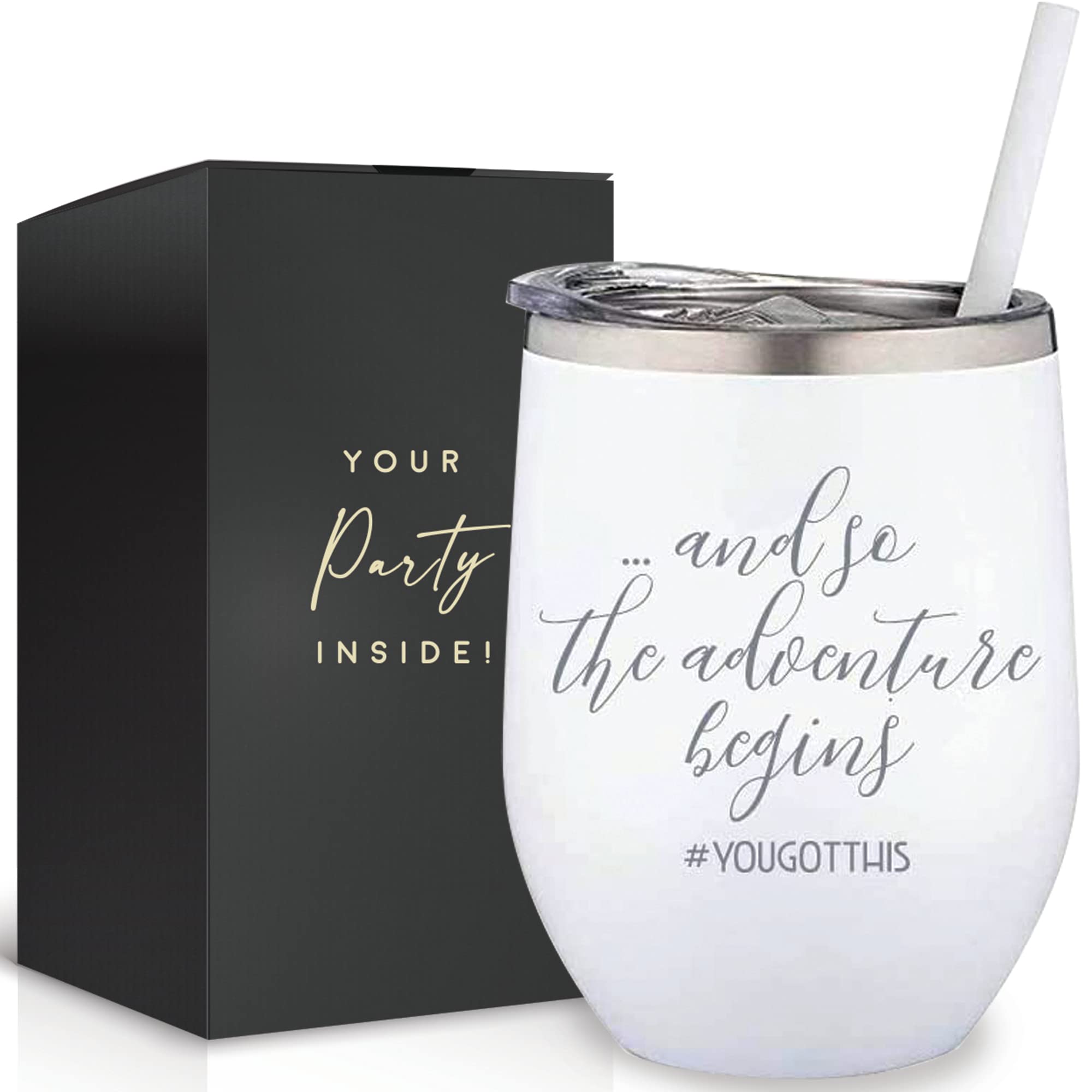 The Adventure Begins - Congratulations Gifts For Women, Going Away Gifts for Friends Moving, or Welcome To the Team- Perfect New Beginnings Gift - 12oz Stainless Steel Glass with Straw and Lid