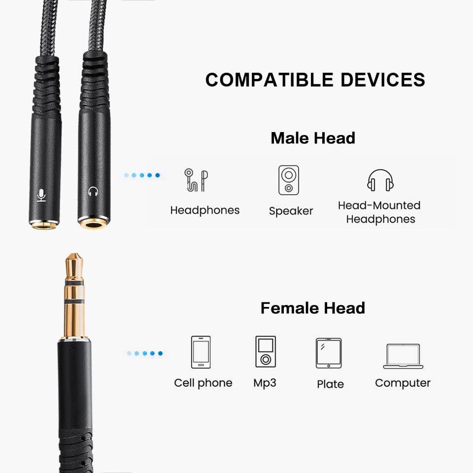Nylon-Braided Headphone 3.5mm Splitter, 3.5mm 1 Male to 2 Female Headset Adapter, Separate Microphone and Earphone Converter for PC, Laptop, Desktop, Headphone, Gaming Headset