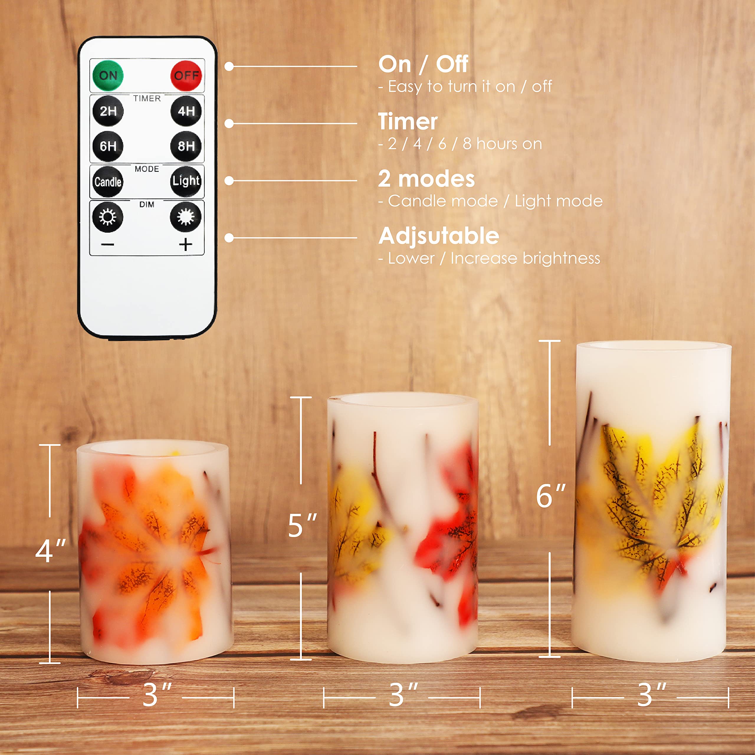 PETRISTRIKE Fall Flameless Candles, Autumn Maple Leaf Led Candles with Remote & Timer, Realistic Flickering Real Wax Candles for Harvest Festive, Thanksgiving Day, Party Decorations