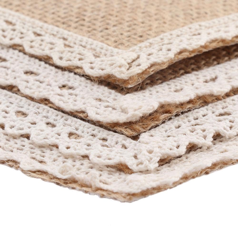 Pokinge 4pcs Burlap Placemats Lace Table Mat Water-Proof Heat-Insulated Jute Bowl Pads Non-Slip Durable Burlap Placemats for Home Wedding Party Decor