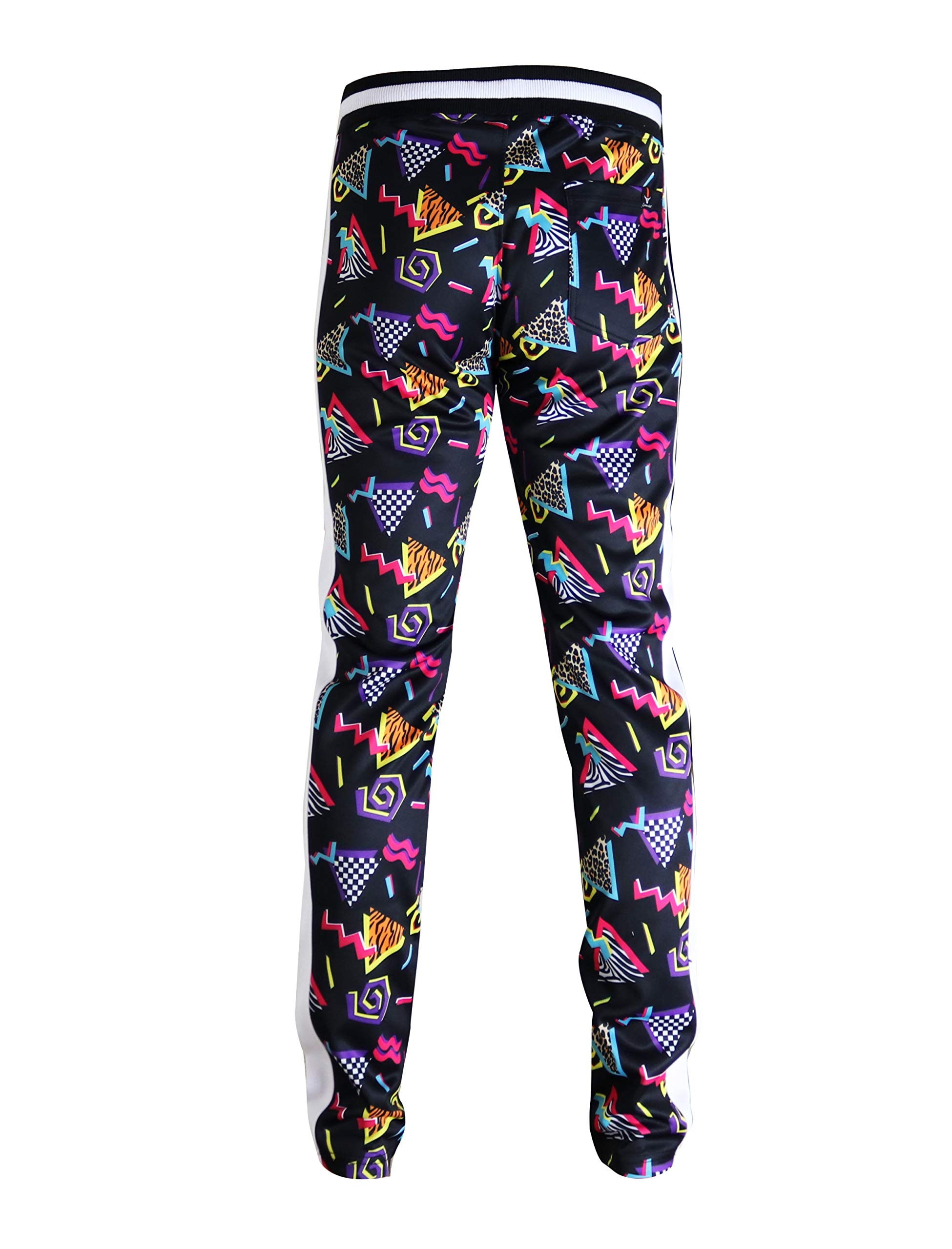 SCREENSHOT-P11904 Mens Hip Hop Premium Slim Fit Track Pants - Athletic Jogger 80's Retro Pattern Print Streetwear Bottoms-Black/Pop-Large